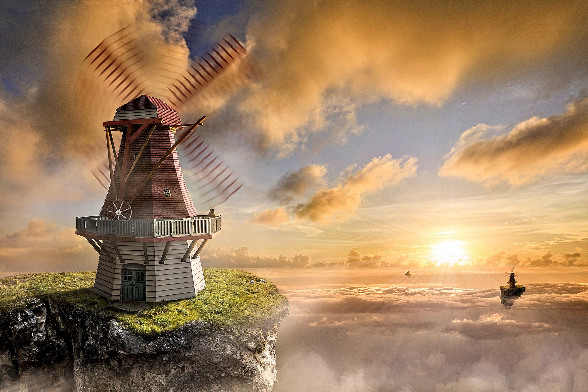 Download Sunrise Sun Horizon Cloud Floating Island Windmill Fantasy ...