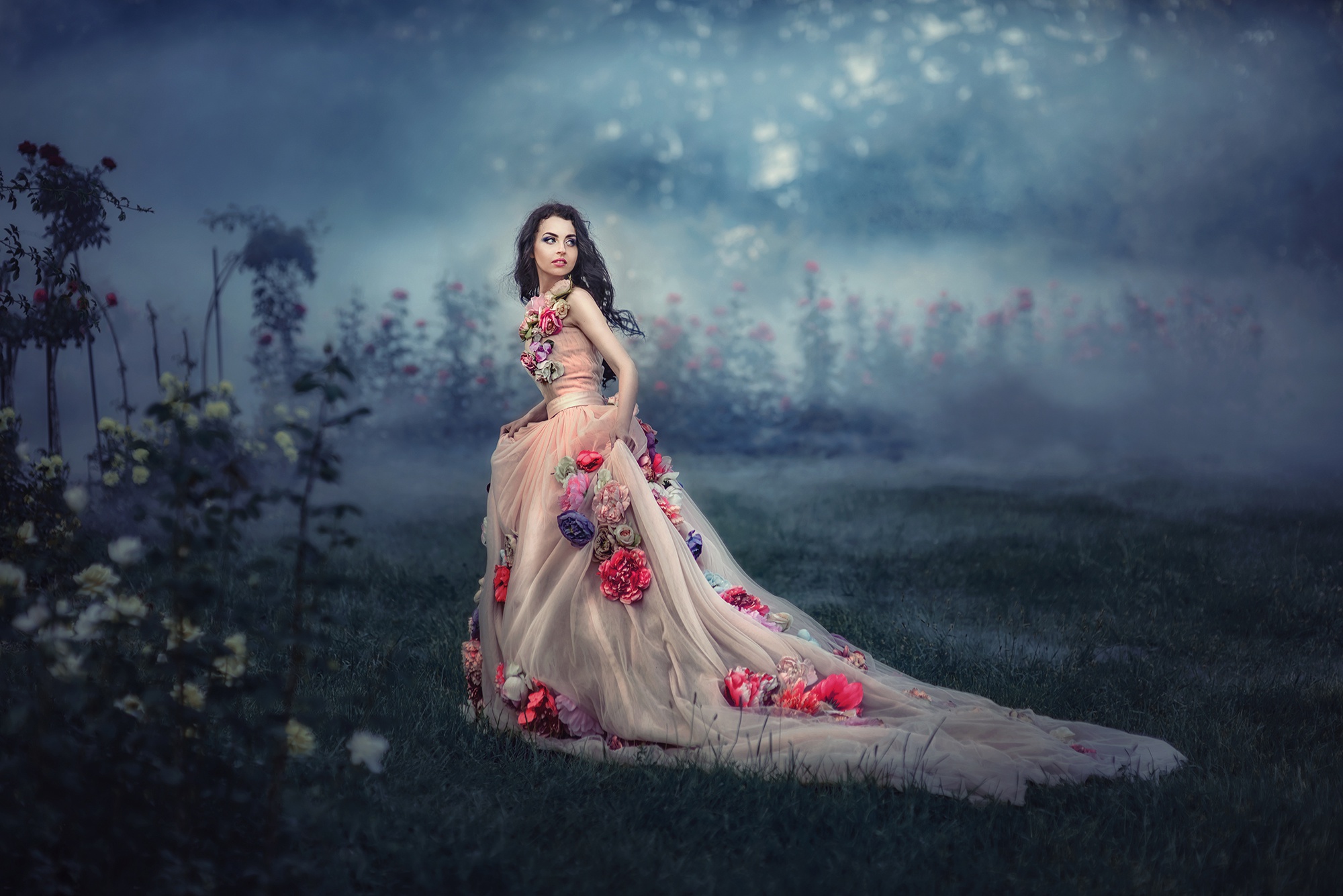 Download Flower Black Hair Dress Woman Model HD Wallpaper