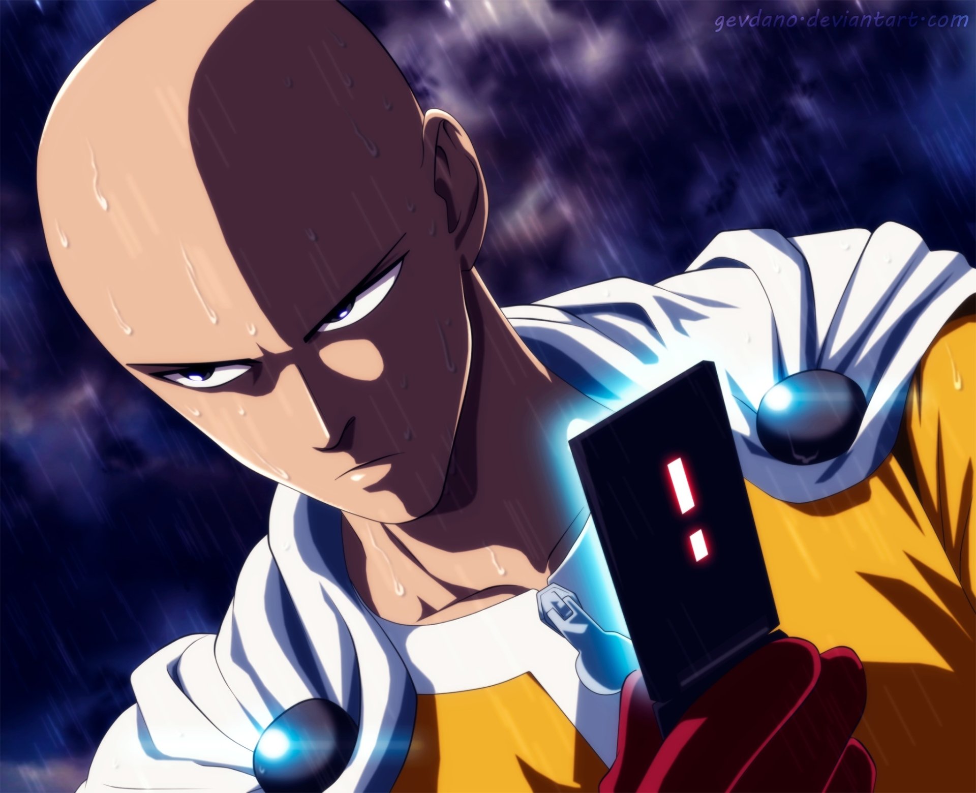 Saitama’s Rainy Phone Moment – One-Punch Man HD Anime Wallpaper by GEVDANO