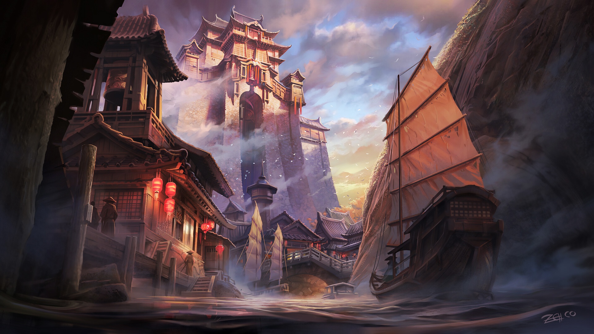 Download Oriental Castle Fantasy Ship HD Wallpaper by Zach Cohen