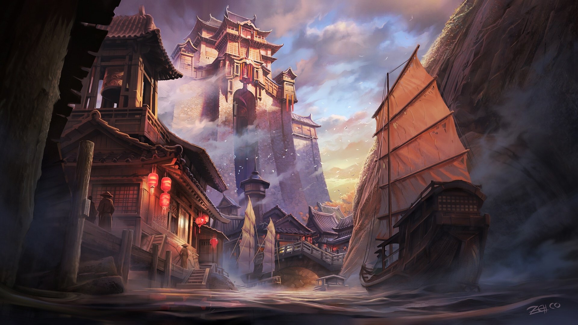 Download Oriental Castle Fantasy Ship HD Wallpaper by Zach Cohen