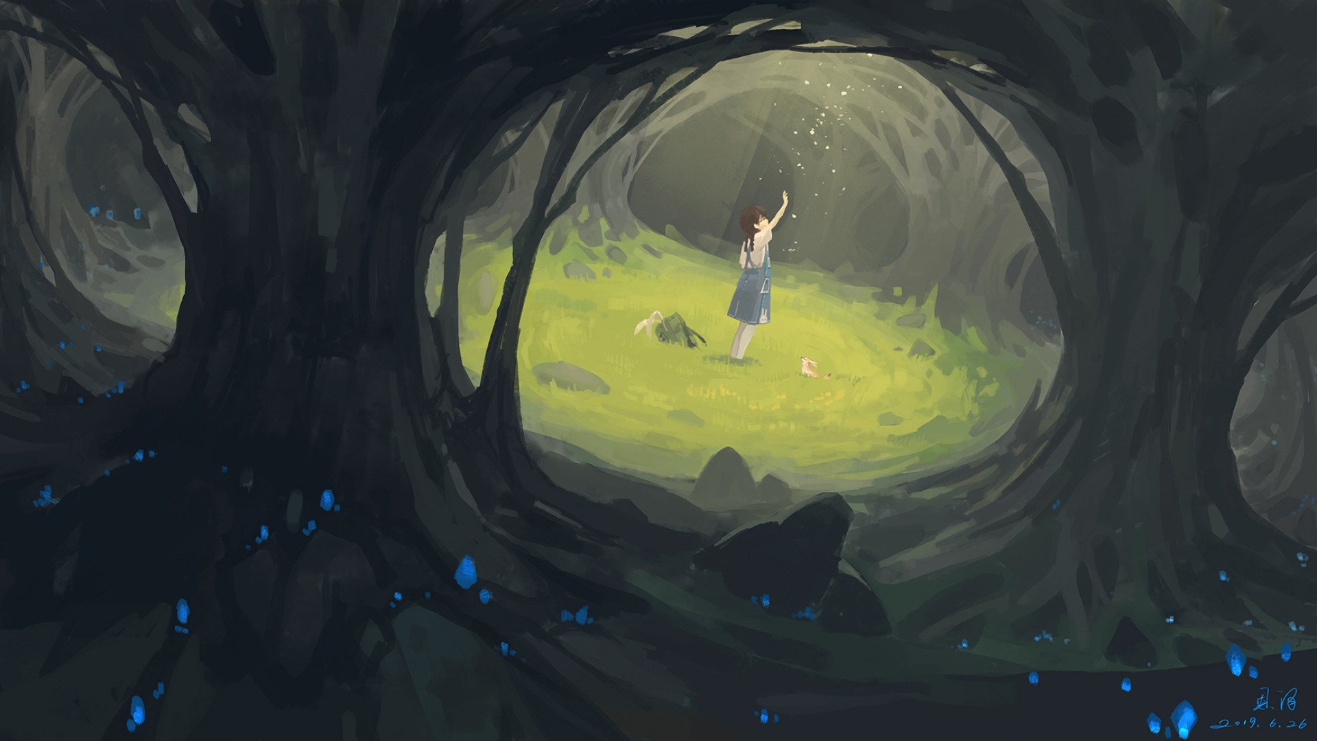 Enchanting Anime Forest: HD Wallpaper of Mystical Woodland Glow by 小半みるく