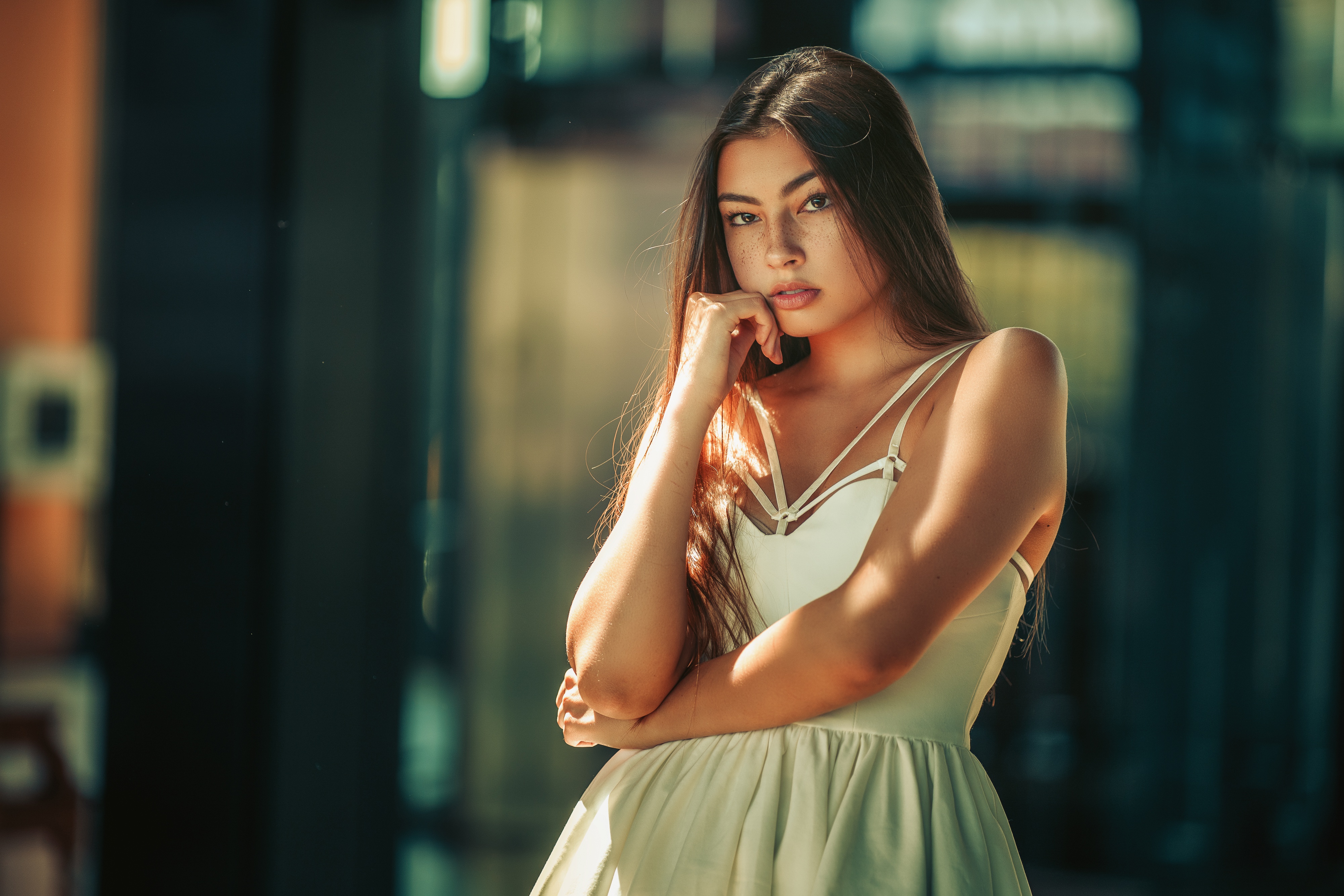 Download Depth Of Field Brown Eyes Brunette White Dress Freckles Woman ...