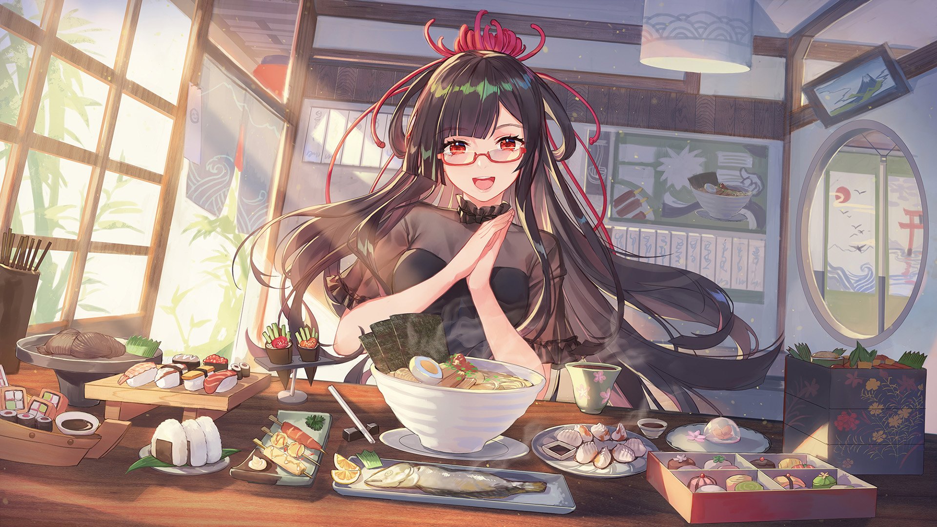 Anime Feast: Red-Eyed Beauty Enjoys Sushi & Ramen in Cozy Kitchen by ATDAN-