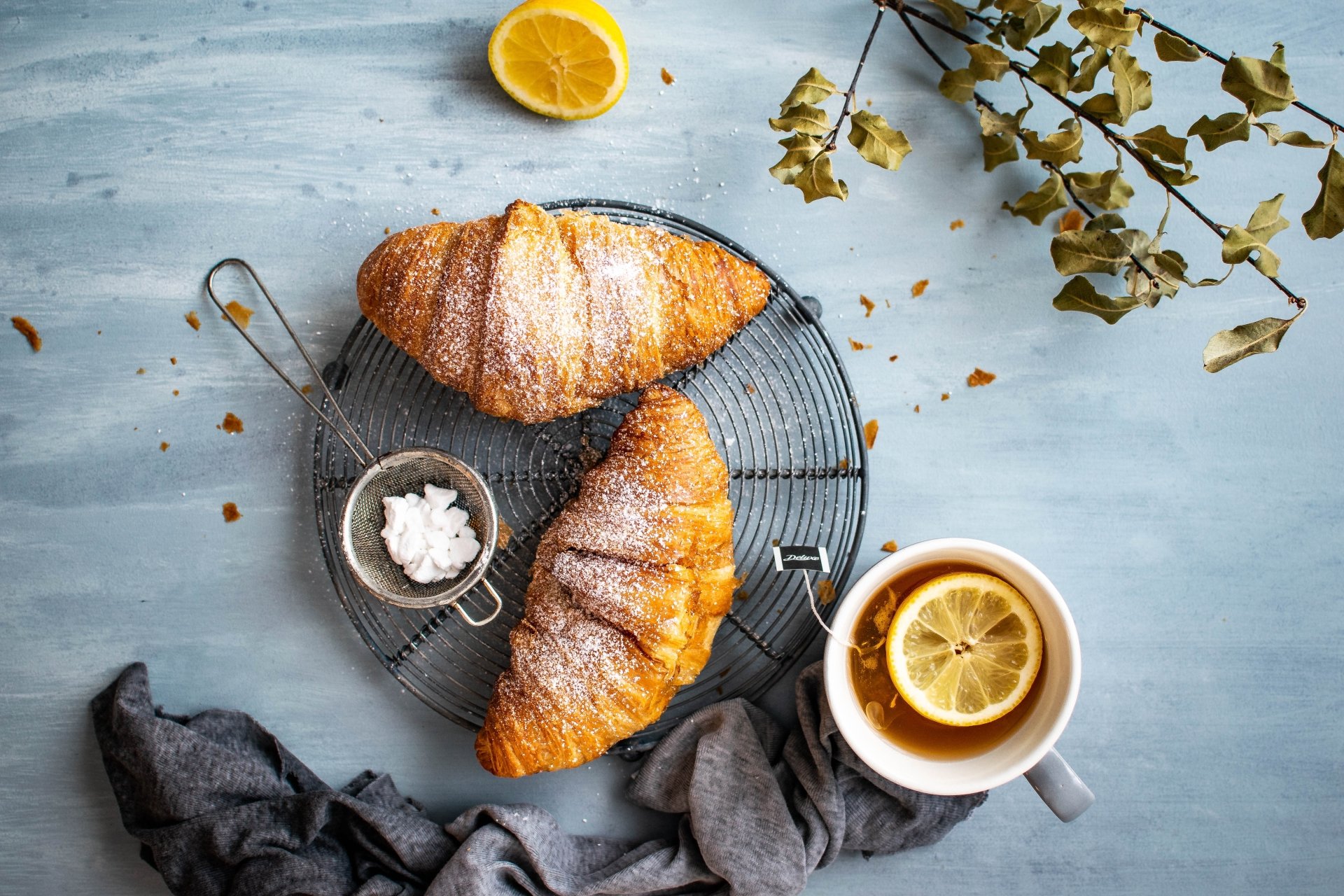 Download Still Life Breakfast Cup Tea Food Croissant 4k Ultra HD Wallpaper