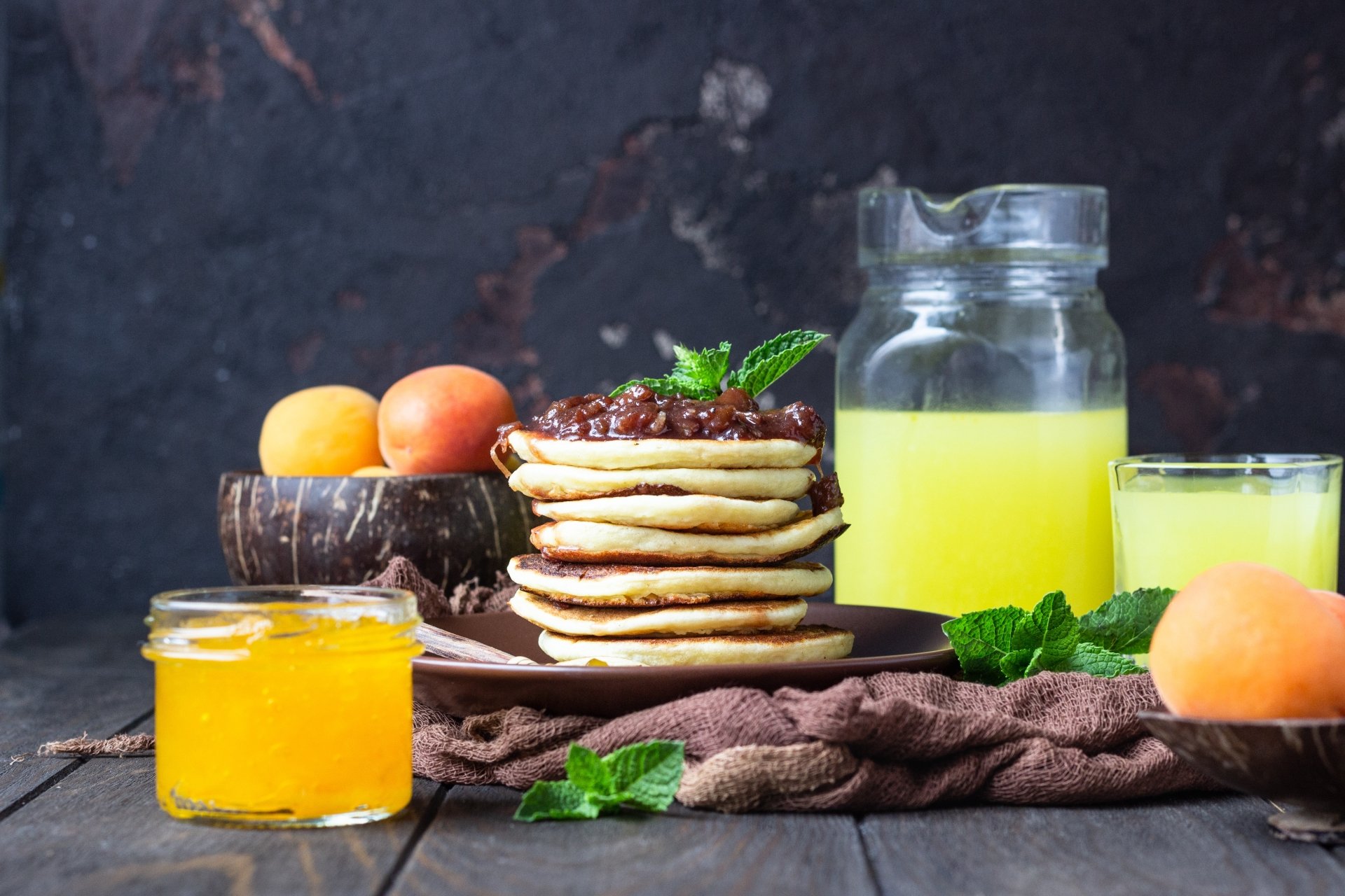 Download Still Life Jam Juice Breakfast Food Pancake 4k Ultra HD Wallpaper