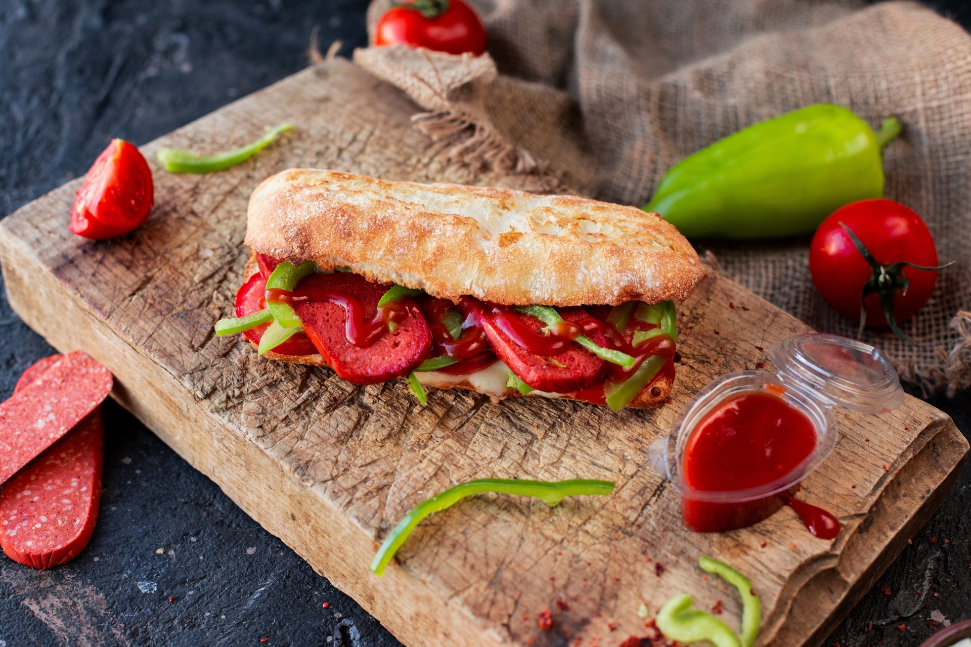 Download Still Life Ketchup Sausage Tomato Pepper Bread Food Sandwich ...