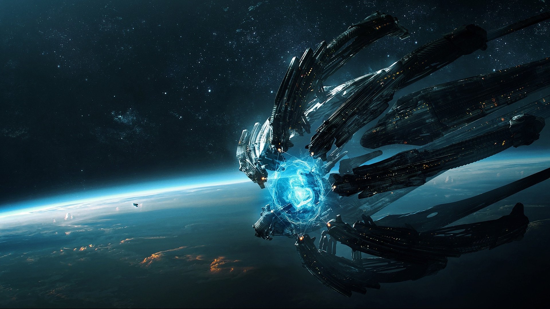 Epic Sci-Fi Spaceship Over Stunning Planetscape – HD Wallpaper by Wojtek Fus