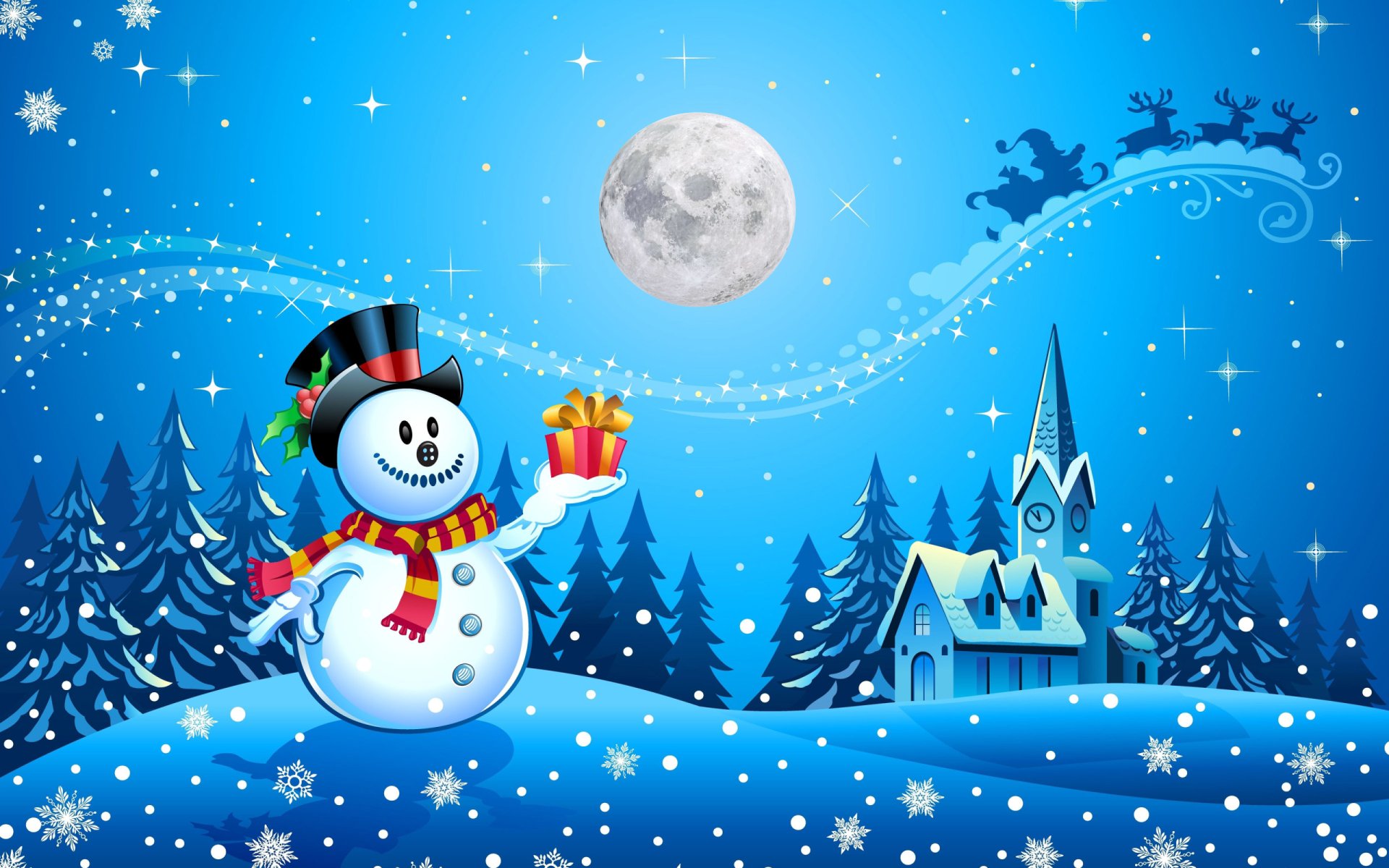Moonlit Christmas Cheer — Snowman & Church (2K Quad HD Wallpaper ...