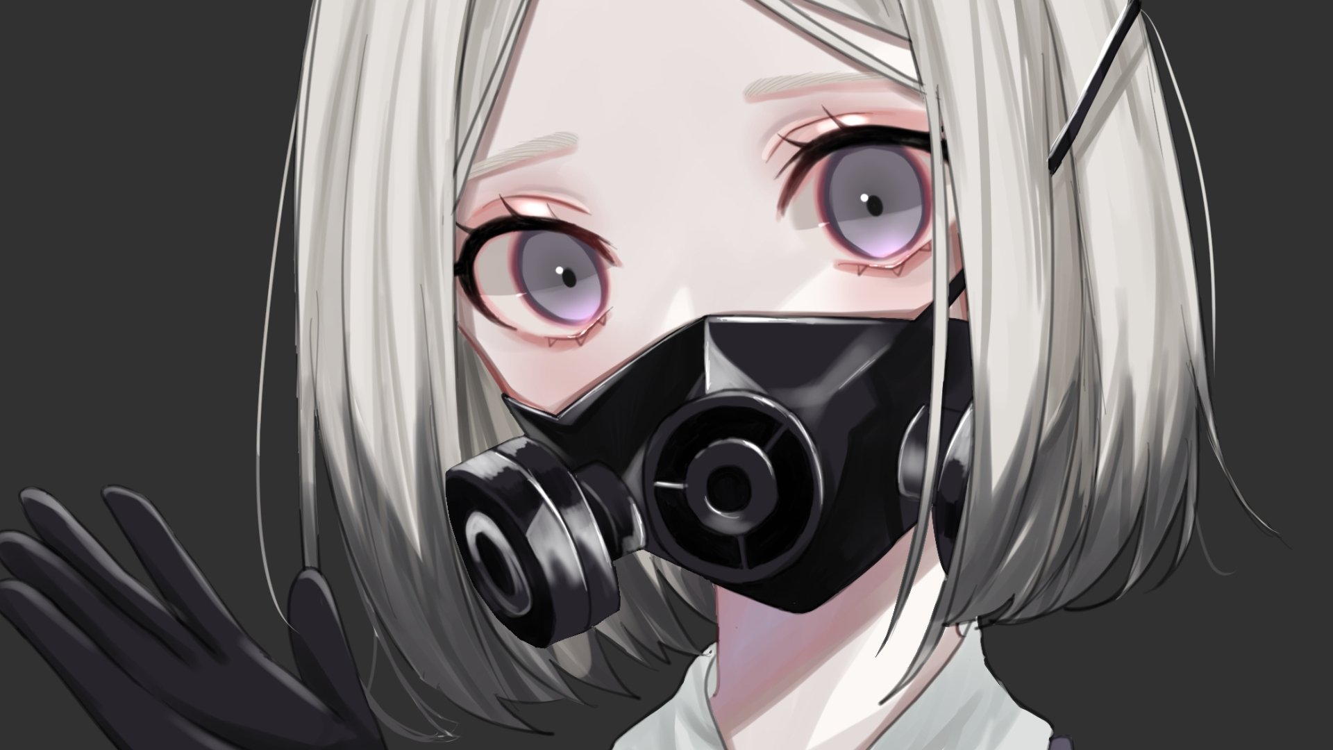 Anime Original HD Wallpaper: Purple Eyes and Grey Hair Gas Mask