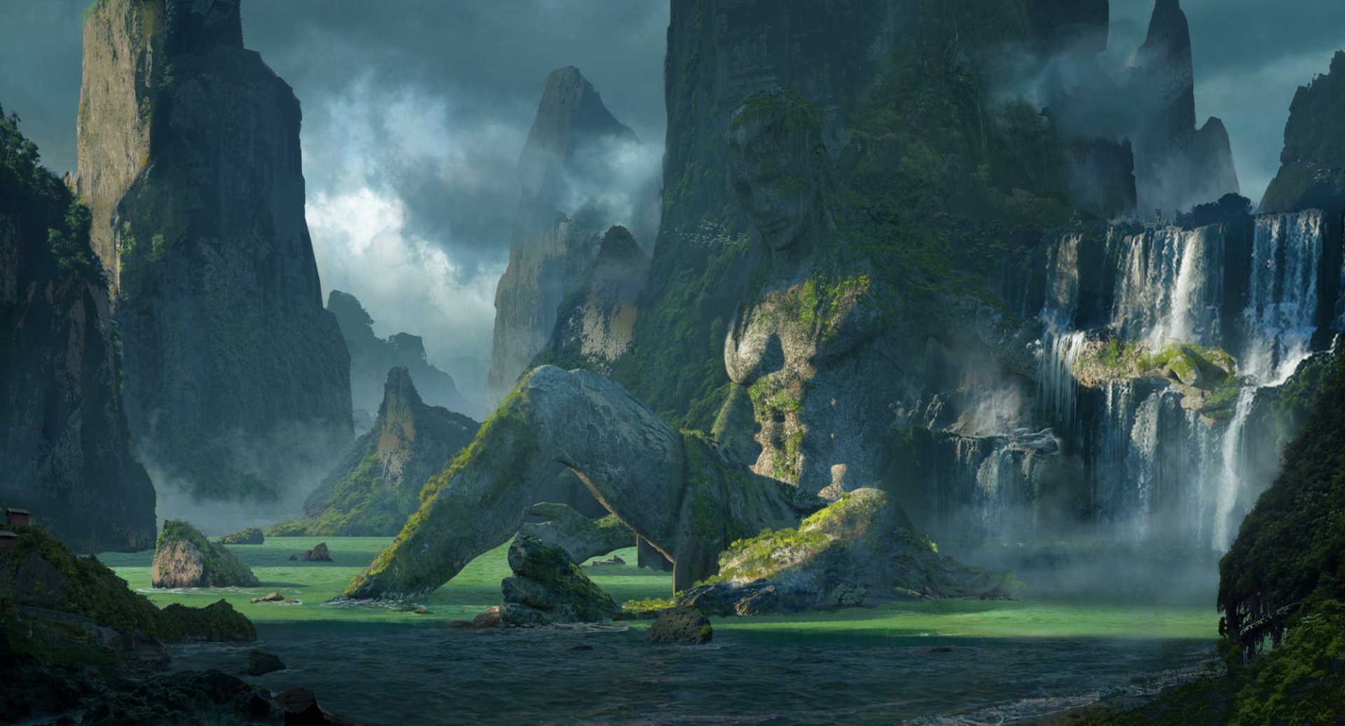 Download Waterfall Landscape Fantasy Statue Fantasy Landscape HD ...