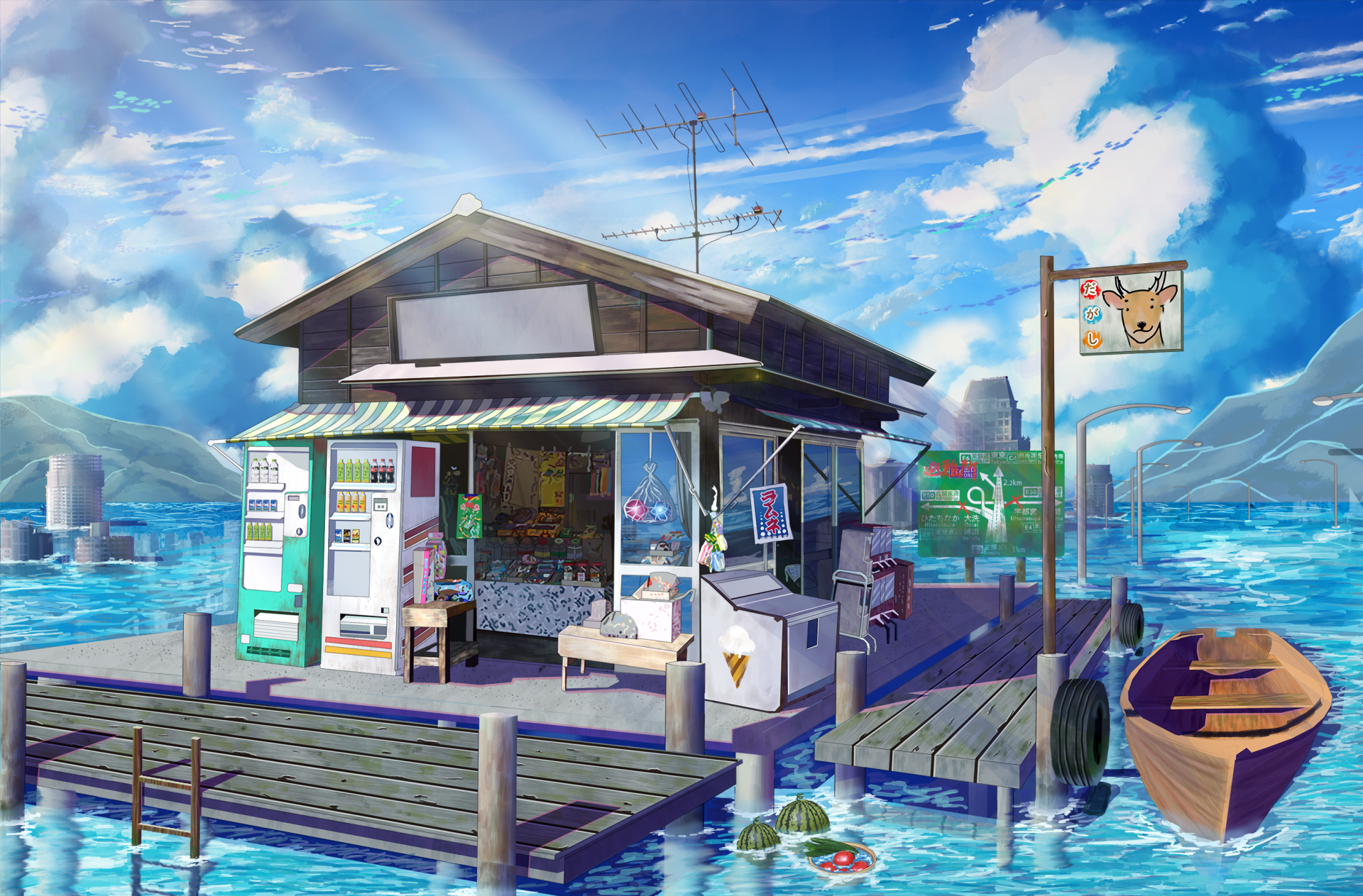 Seaside Anime Vending: Boat Shop HD Wallpaper Bliss by ちょんひろ