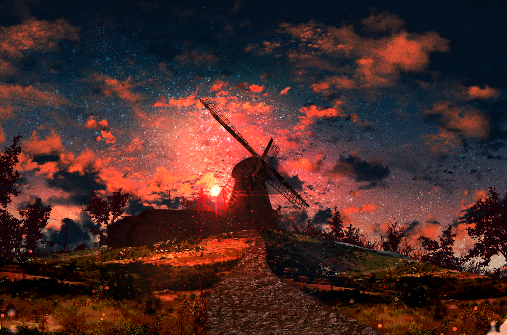 Anime Sunset Windmill - HD Wallpaper by ツチヤ