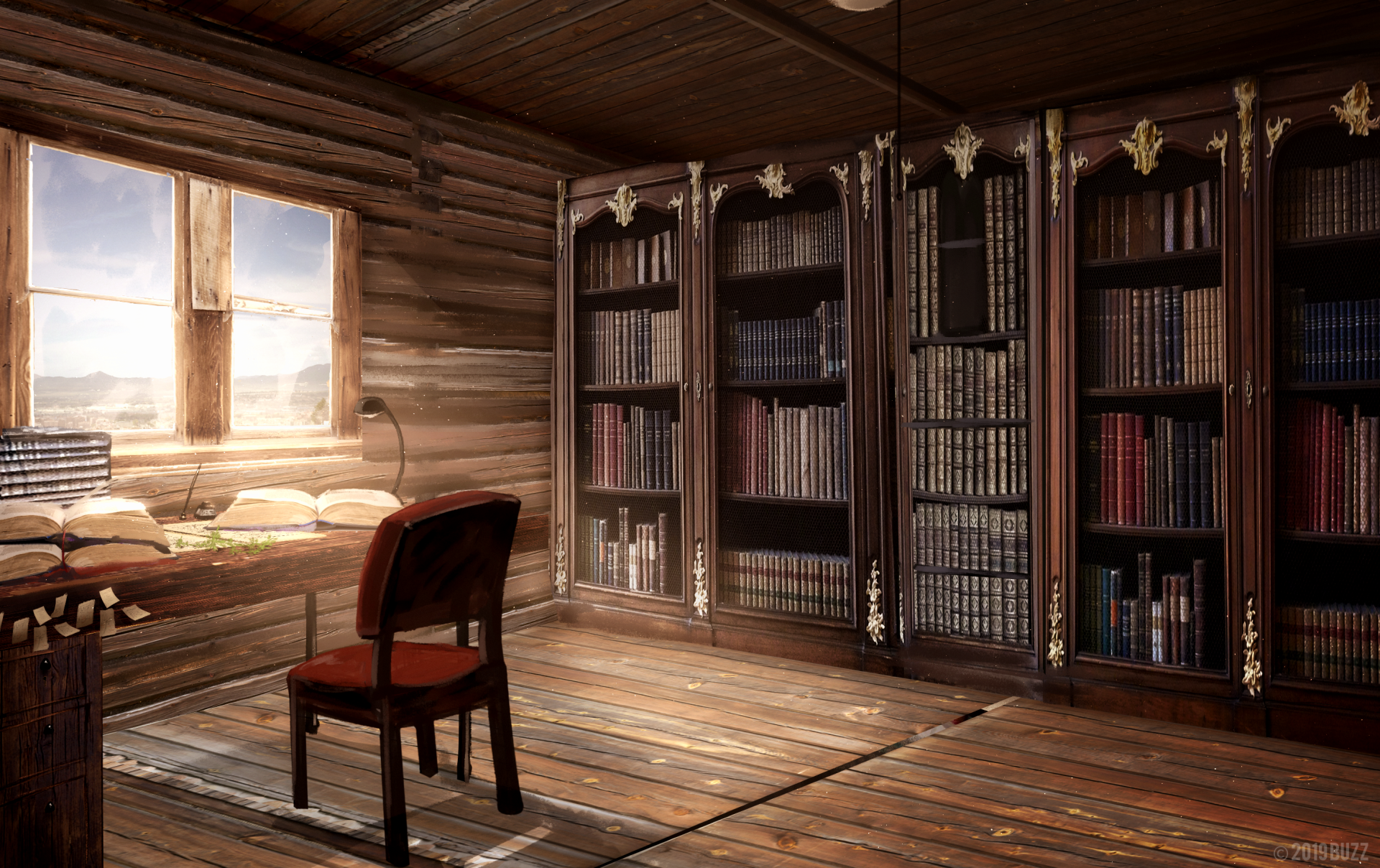 Cozy Anime Library Corner: Wooden Desk by the Window HD Wallpaper by BUZZ