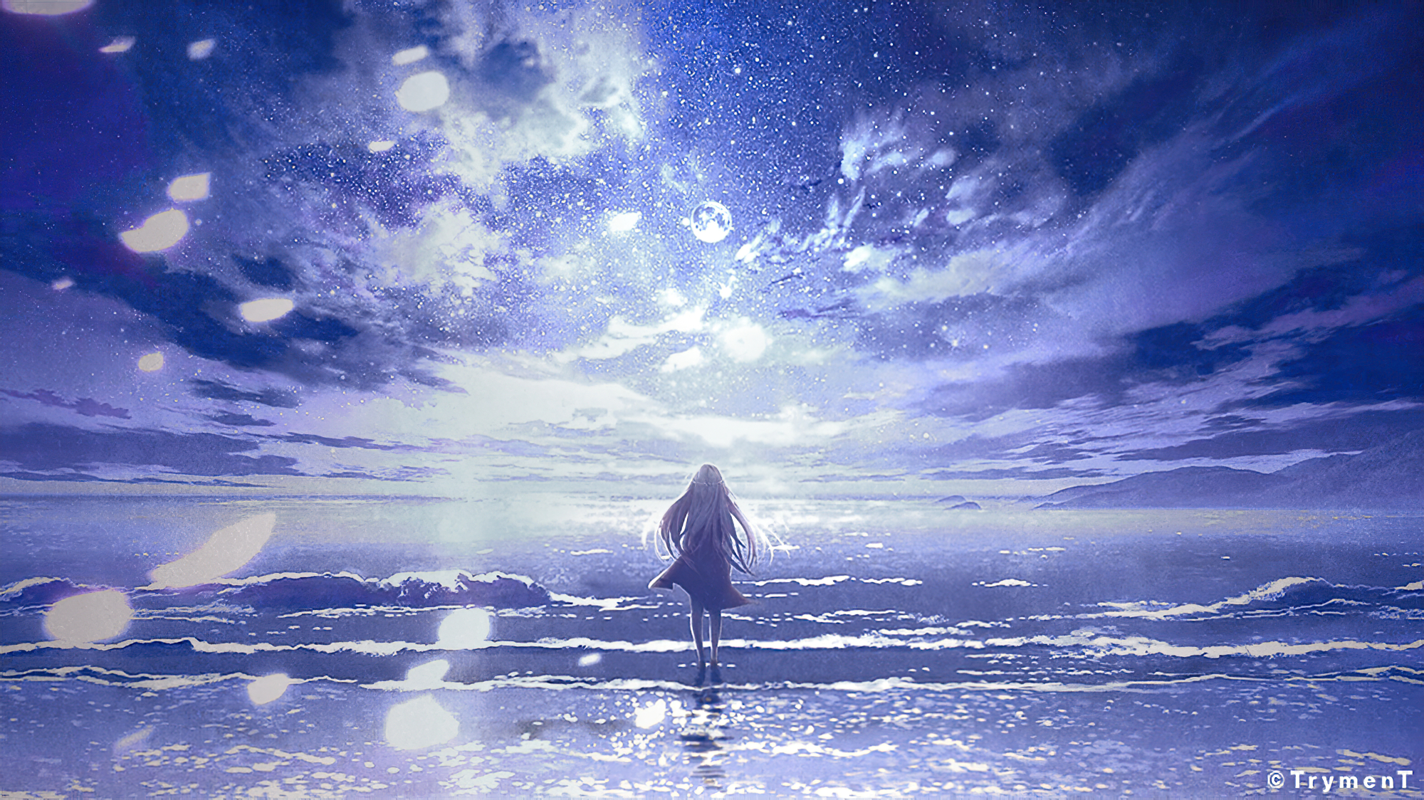 Starry Anime Beach: HD Sea Dreams Under a Cosmic Sky by mocha