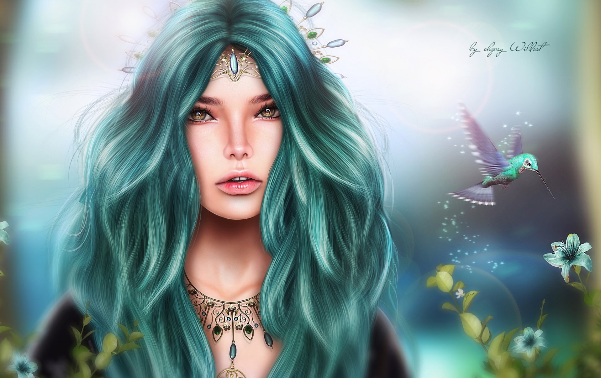 Download Flower Blue Hair Fantasy Woman HD Wallpaper by Chopay Wildcat