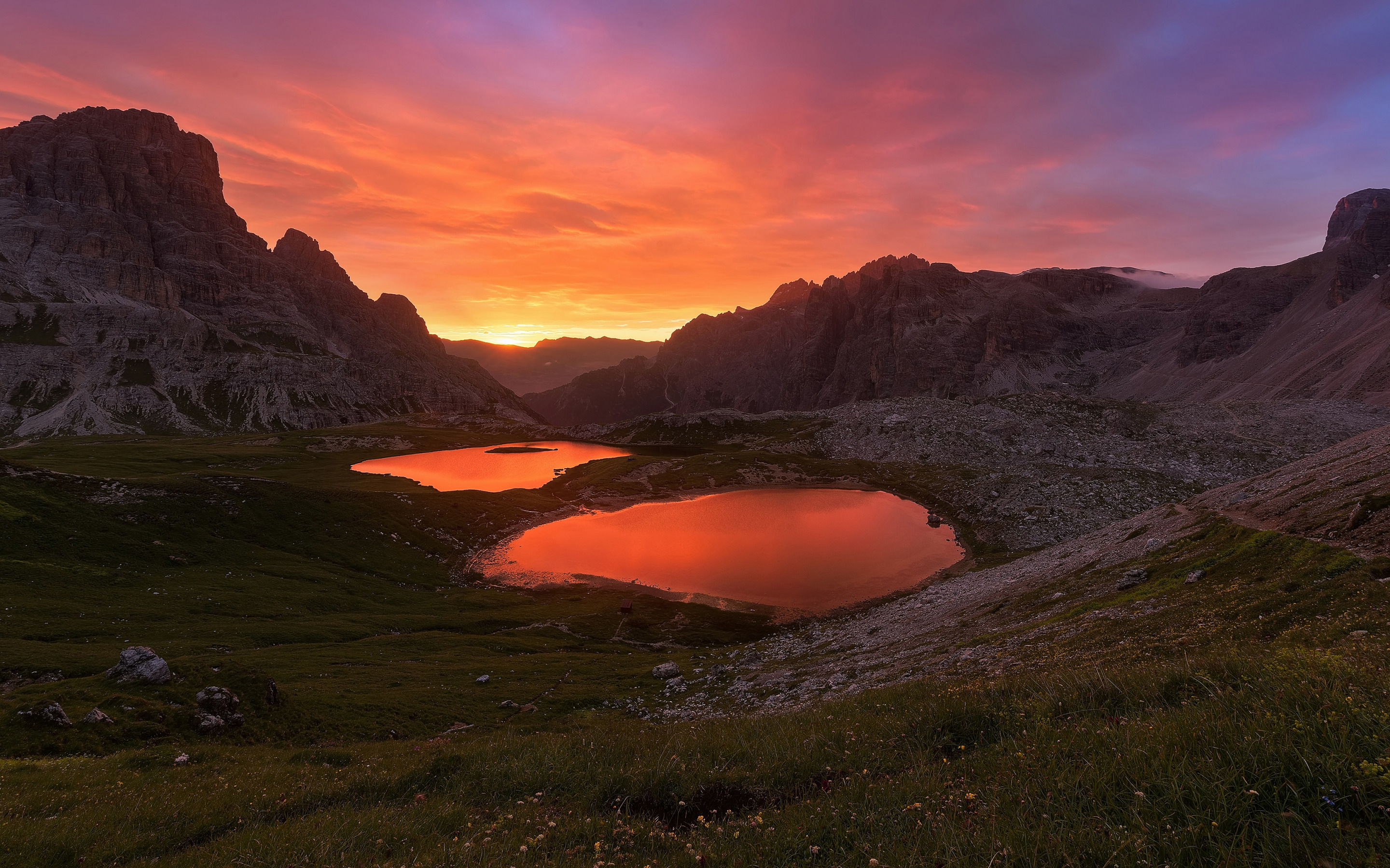 Download Dolomites Italy Evening Lake Sunset Nature Mountain HD Wallpaper
