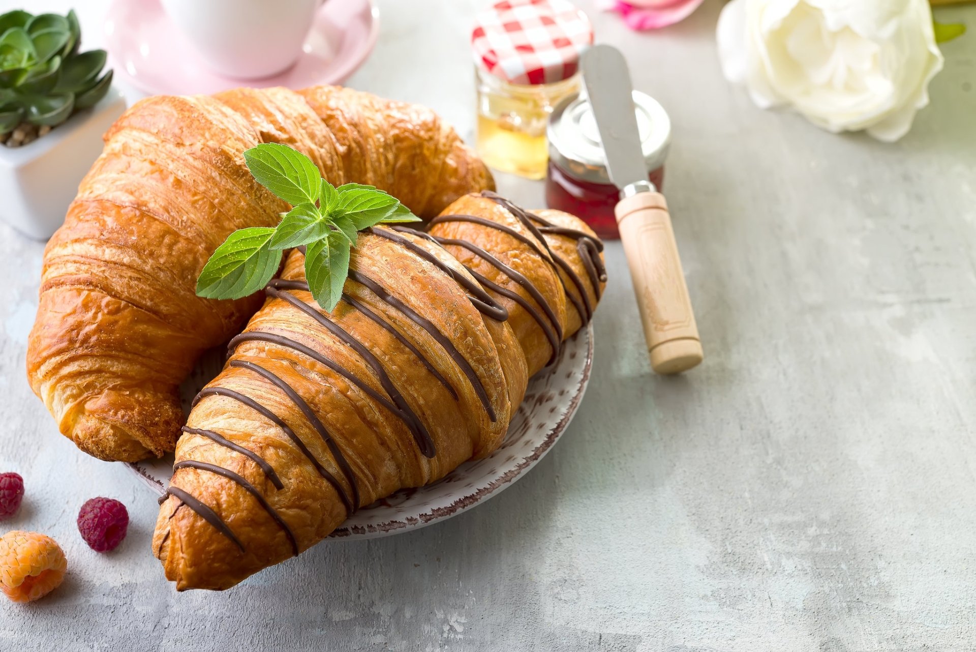Download Viennoiserie Still Life Breakfast Jam Food Croissant HD Wallpaper