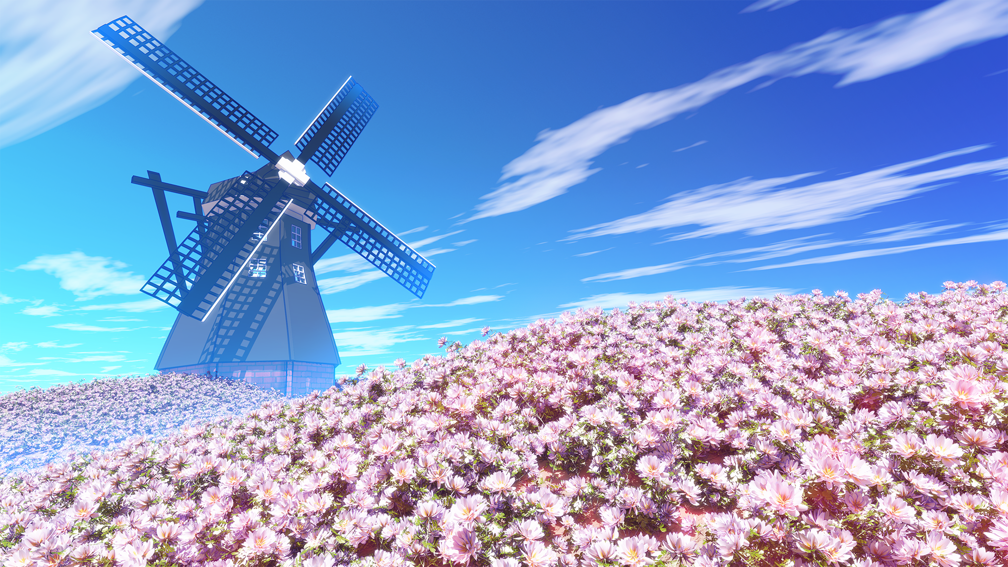 Blooming Skies: Anime Mill and Flower Field HD Wallpaper by はちお