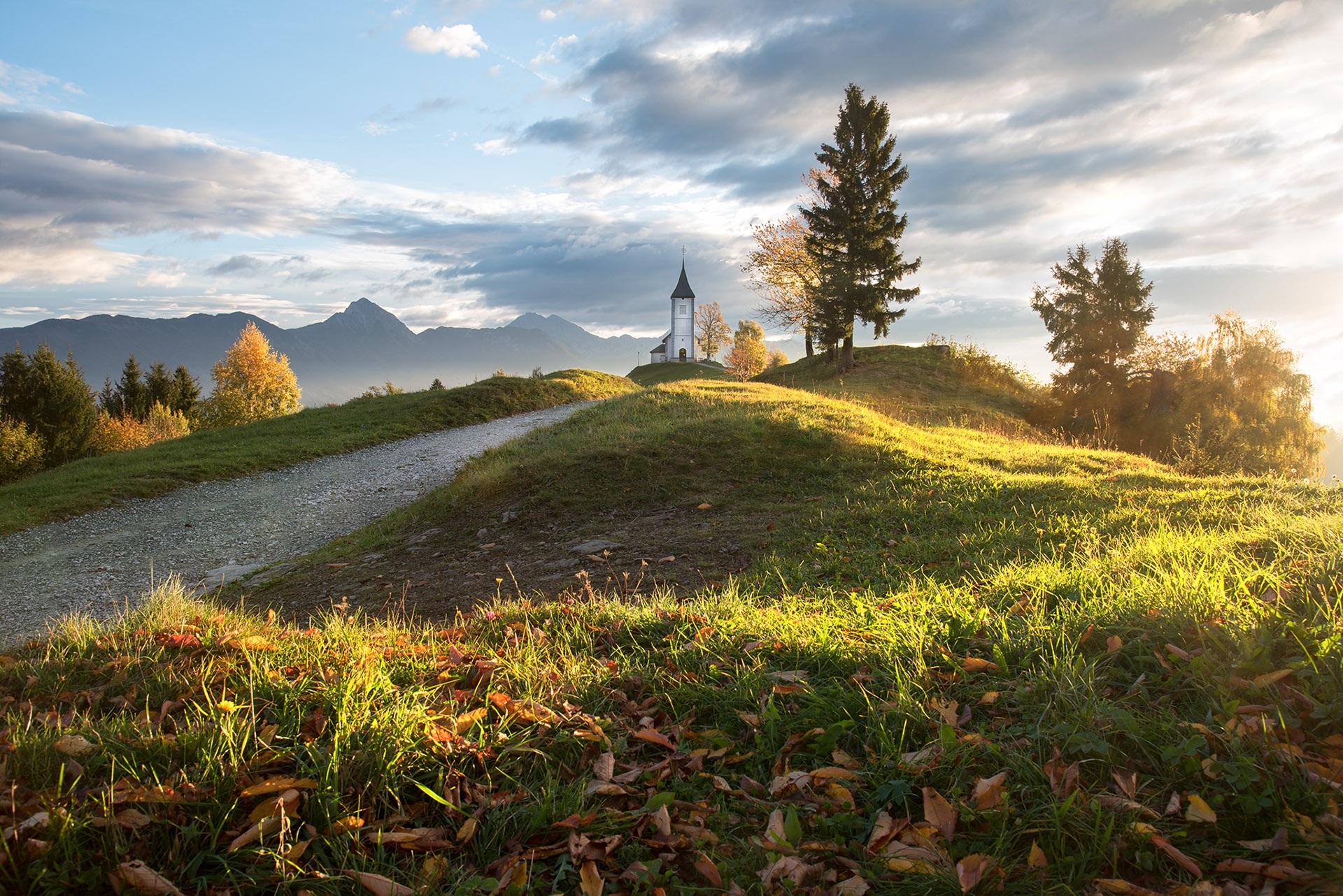 Download Fall Road Slovenia Hill Religious Church HD Wallpaper