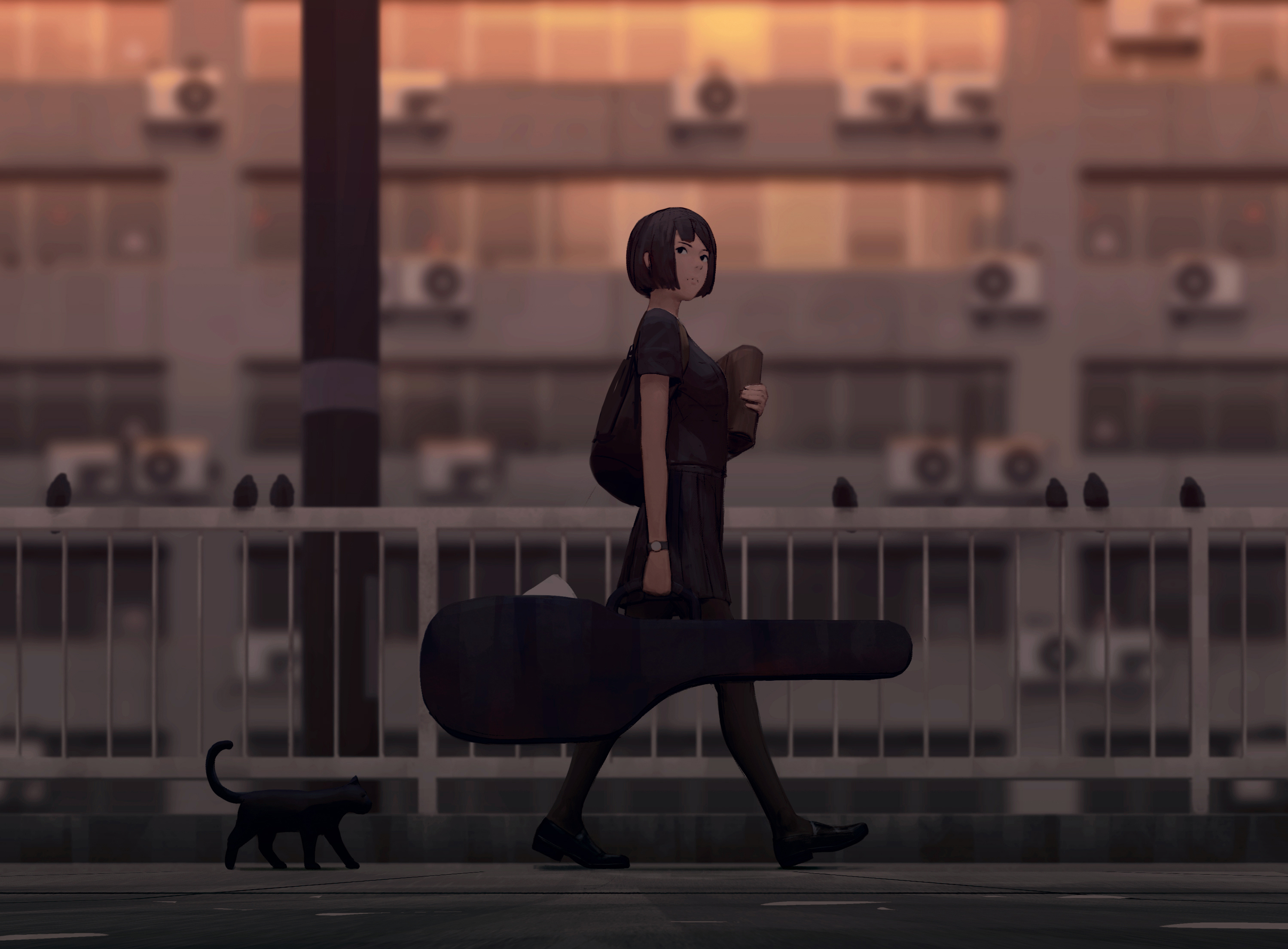 Cat and Anime Girl Strolling - HD Wallpaper by GUWEIZ