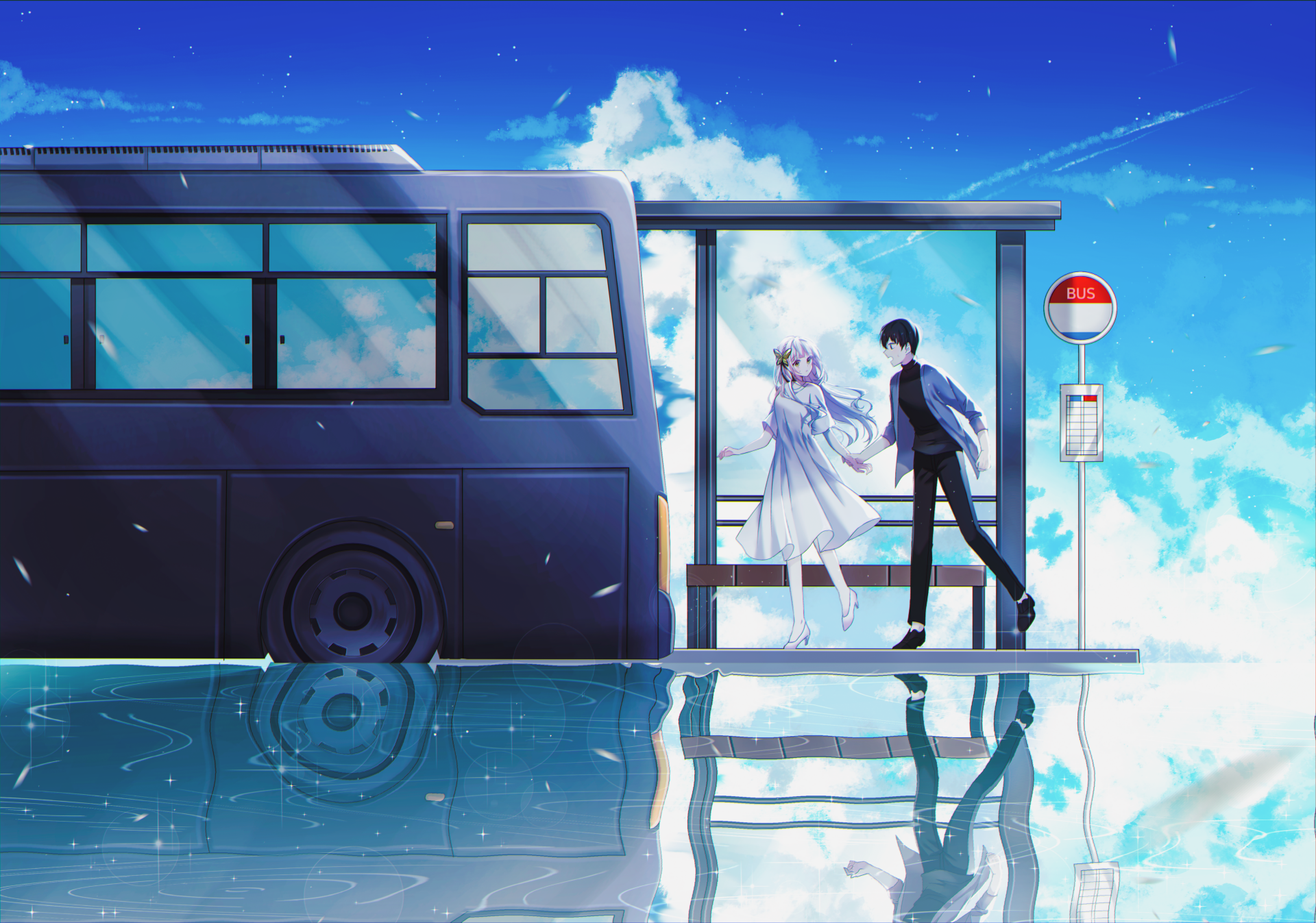 Download Bus Stop Bus Anime Original 4k Ultra HD Wallpaper by Seno