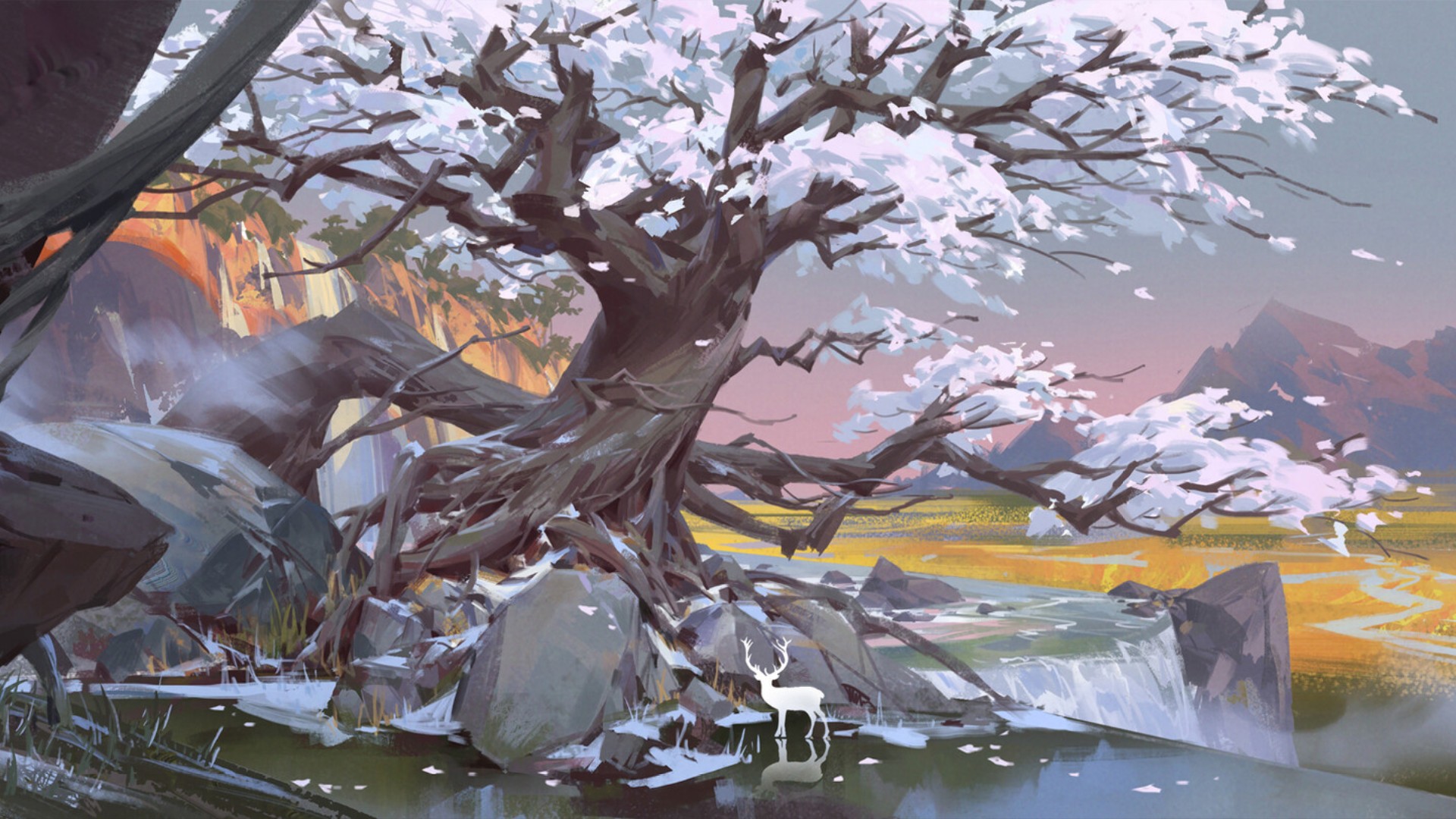 Download Deer River Waterfall Artistic Tree HD Wallpaper by G Liulian