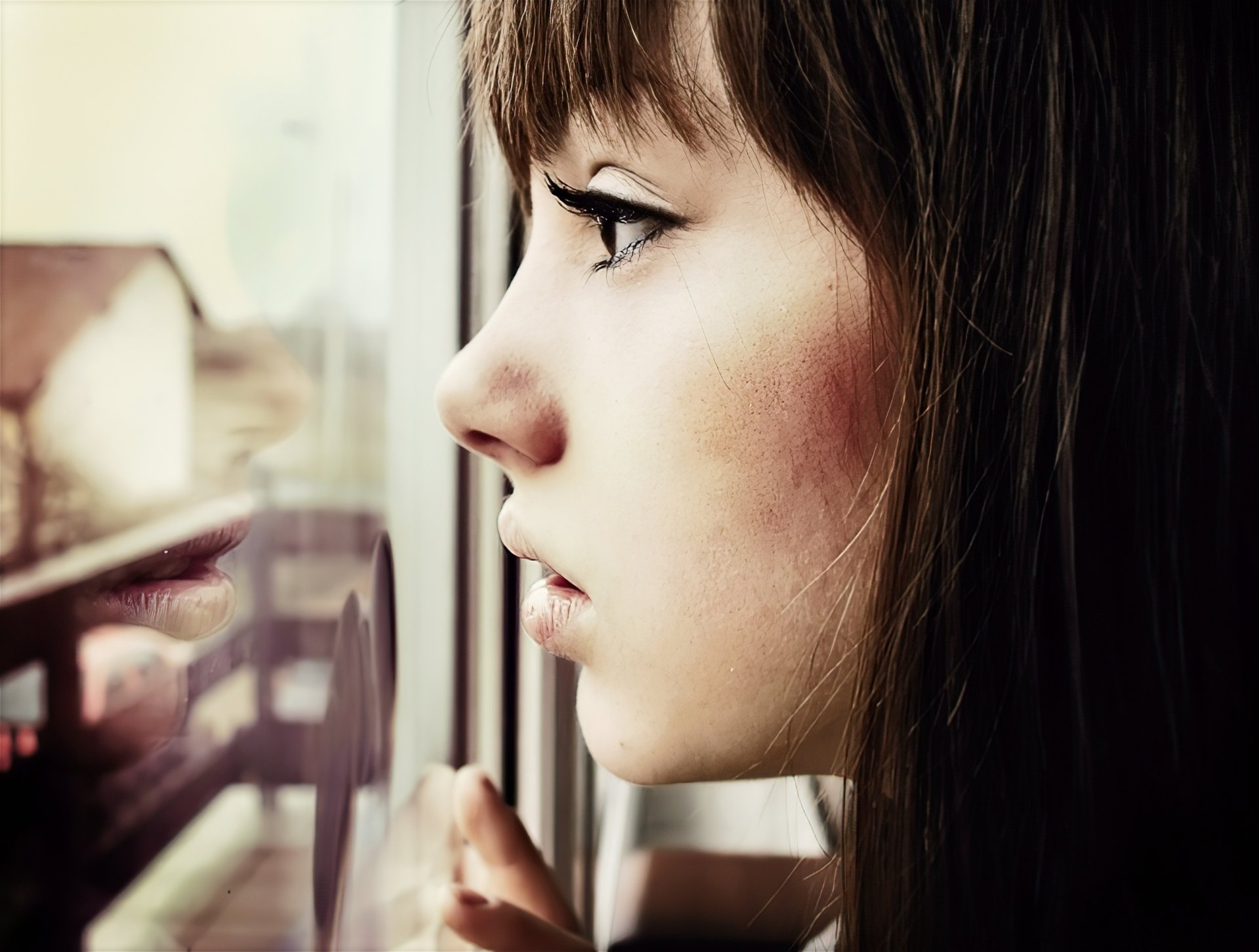 Download Brunette Reflection Window Model Woman Face HD Wallpaper by ...