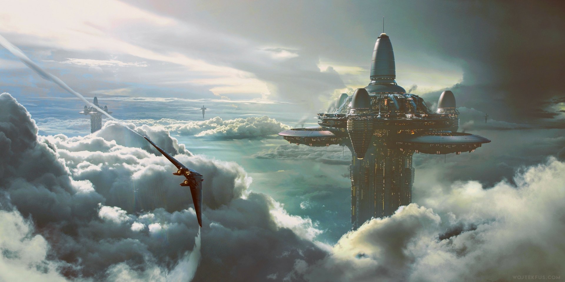 Skybound Sci-Fi Tower: Futuristic Skyline HD Wallpaper by Wojtek Fus