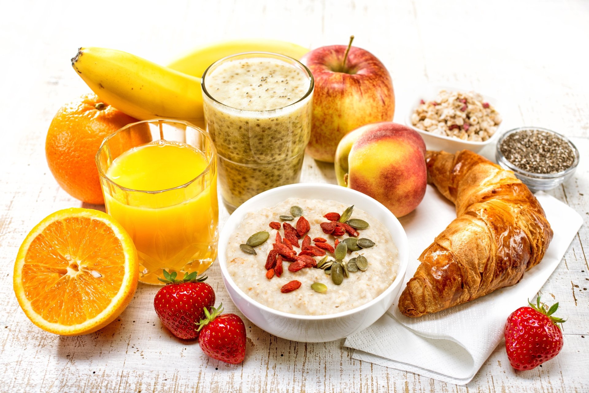 Download Still Life Oatmeal Croissant Fruit Juice Food Breakfast 4k ...