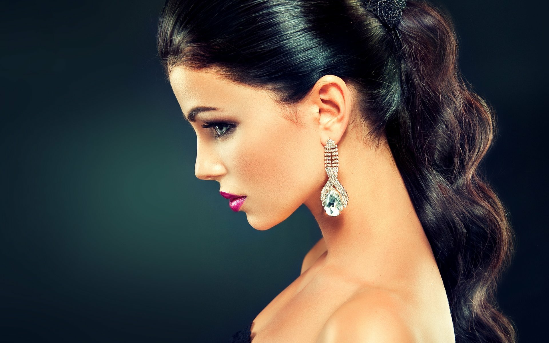 Download Face Profile Earrings Makeup Model Woman Brunette HD Wallpaper