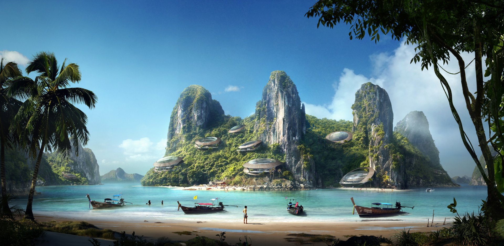 Island Dreams: Fantasy Beach and Boats HD Wallpaper by Thomas Dubois