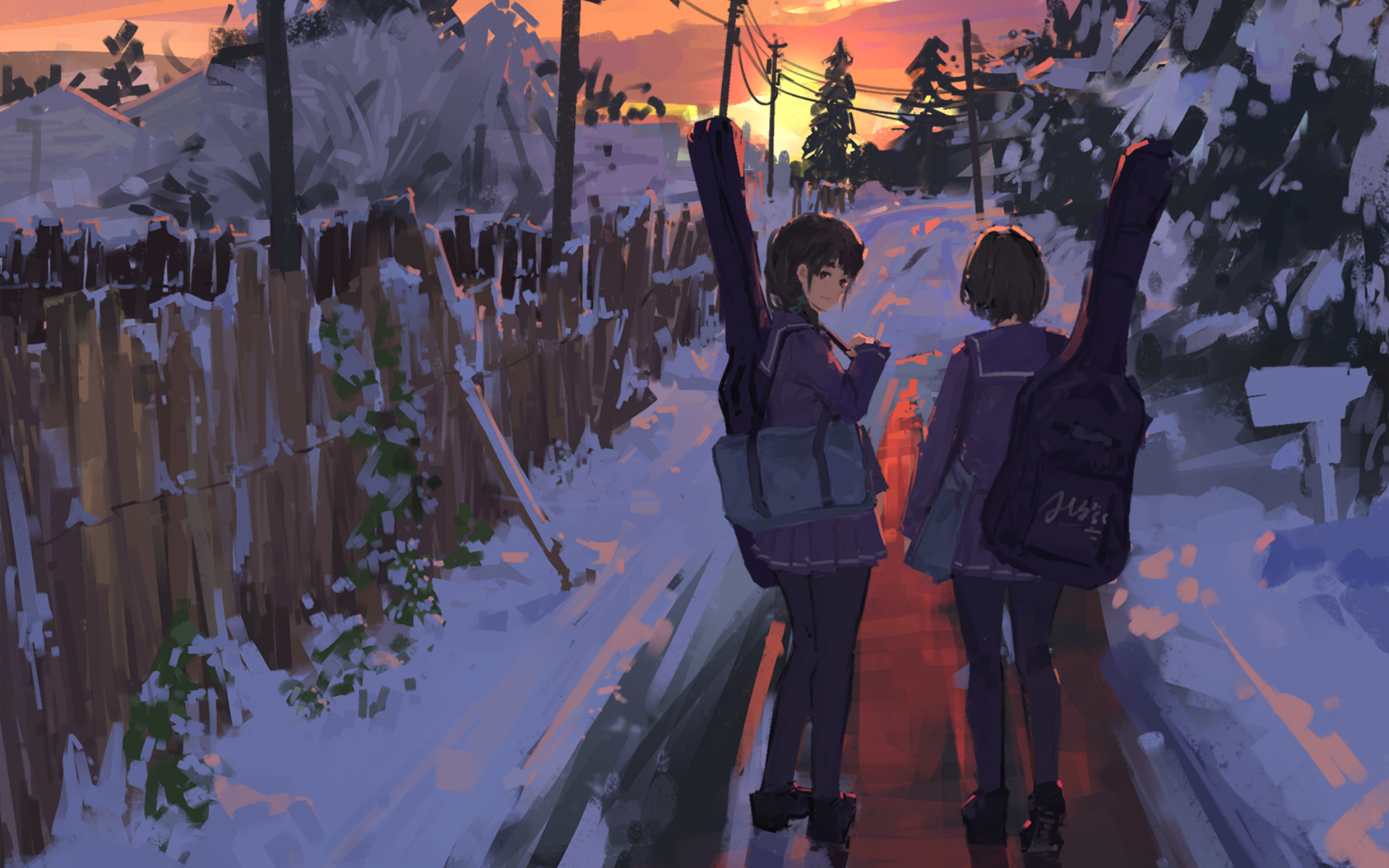 Winter Sunset Friends: HD Anime Scene in Snowy Twilight by XilmO
