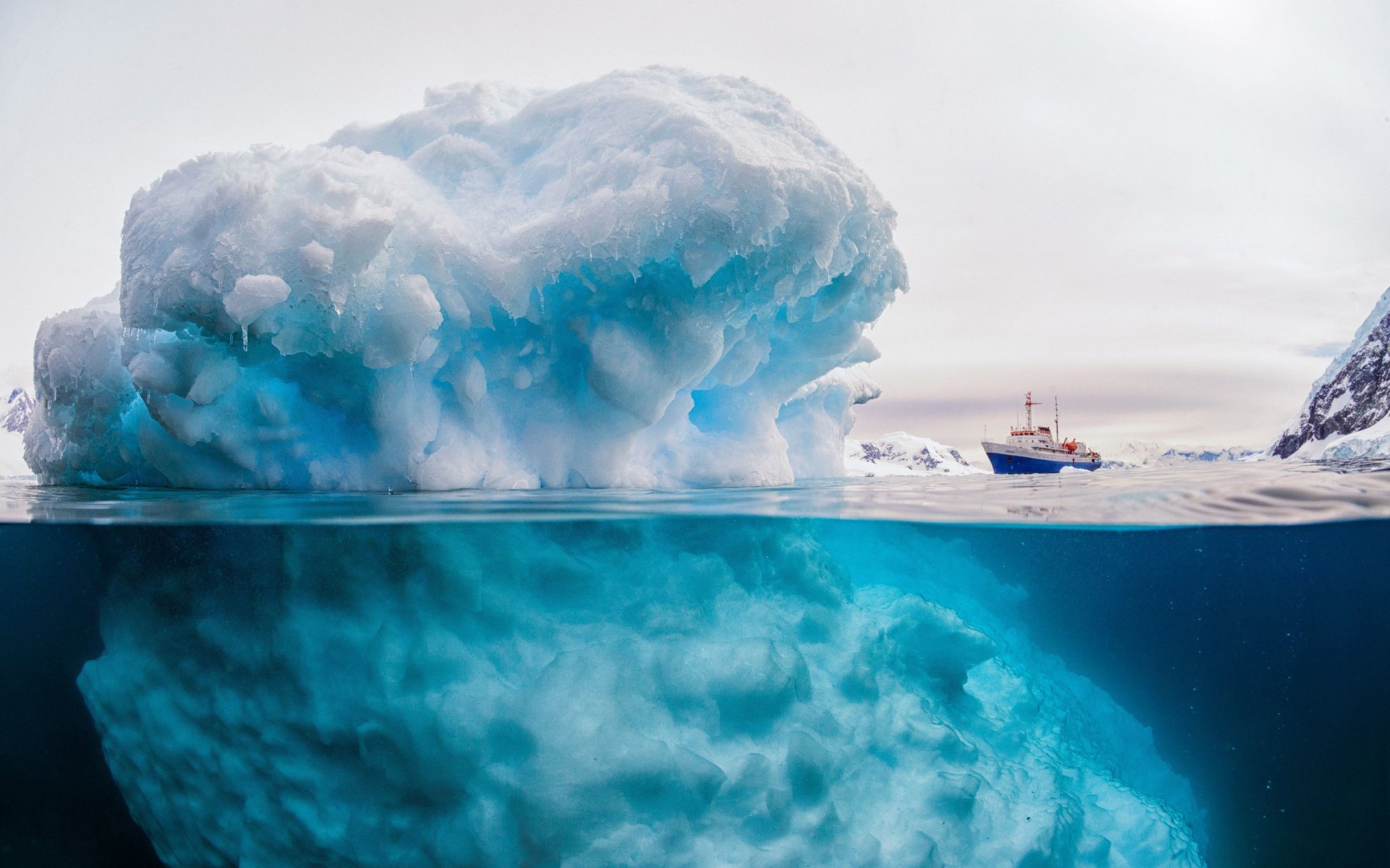 Arctic Iceberg and Ship: A Stunning Underwater Ocean HD Wallpaper