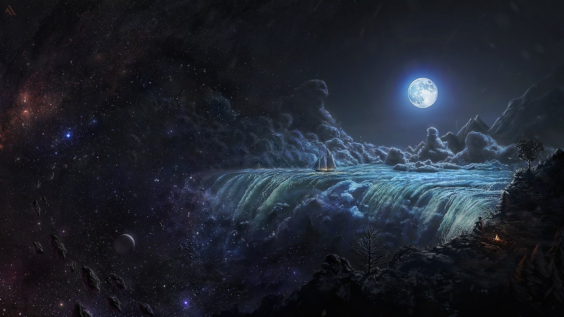 Mystic Moonlit Ship Voyage - HD Fantasy Wallpaper by Matkraken