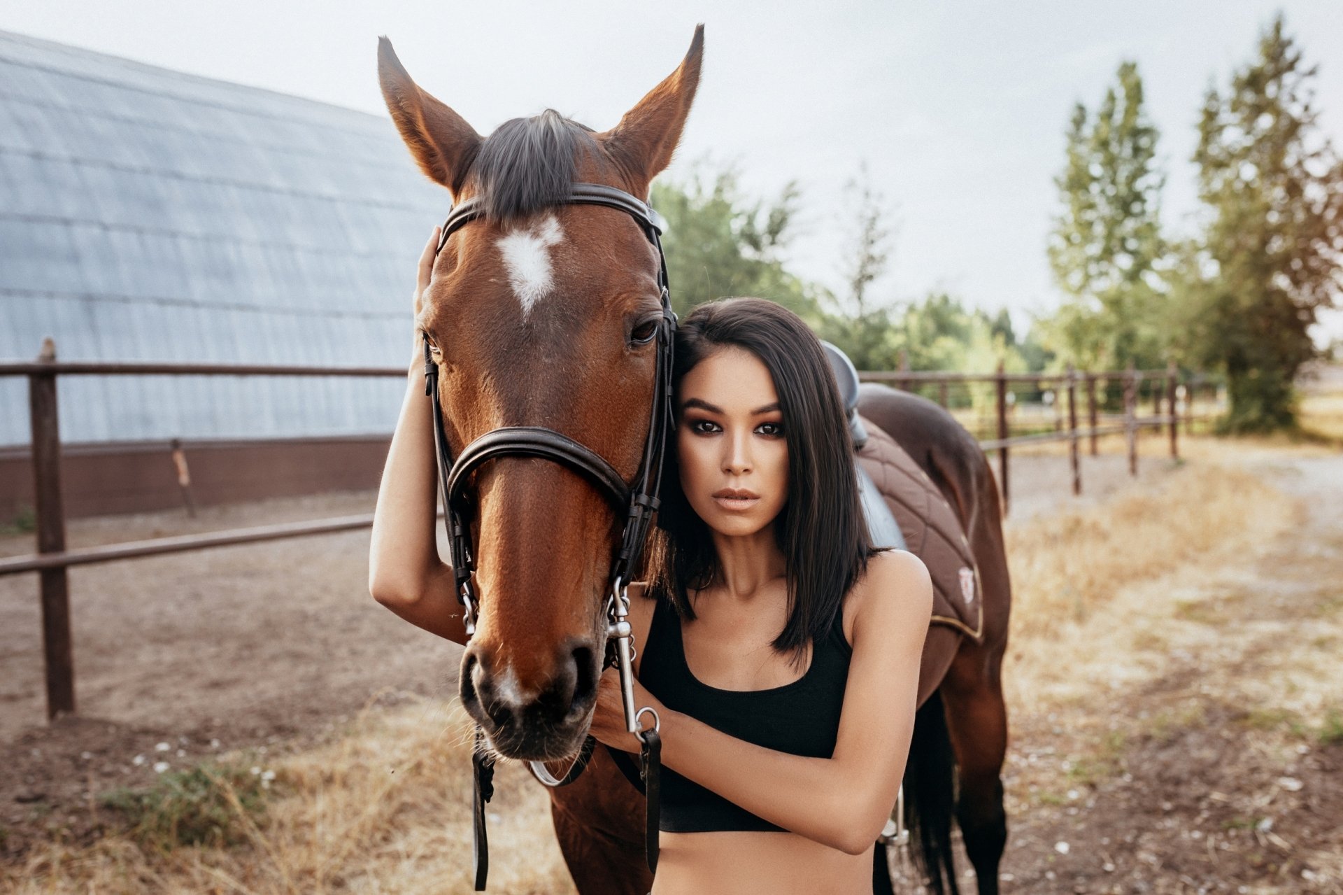 Download Brown Eyes Black Hair Horse Woman Model HD Wallpaper