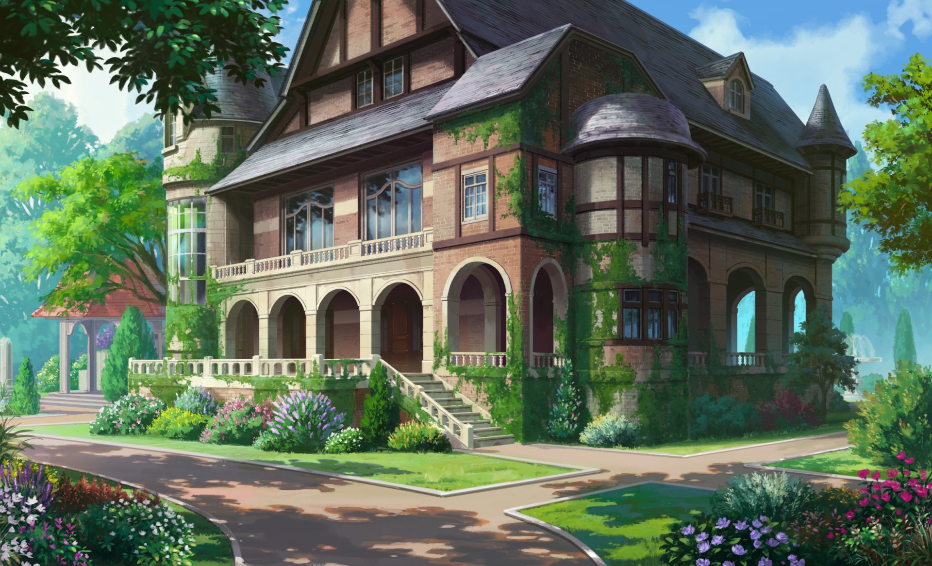 Anime Manor: Vibrant HD Building Wallpaper by oadneyung