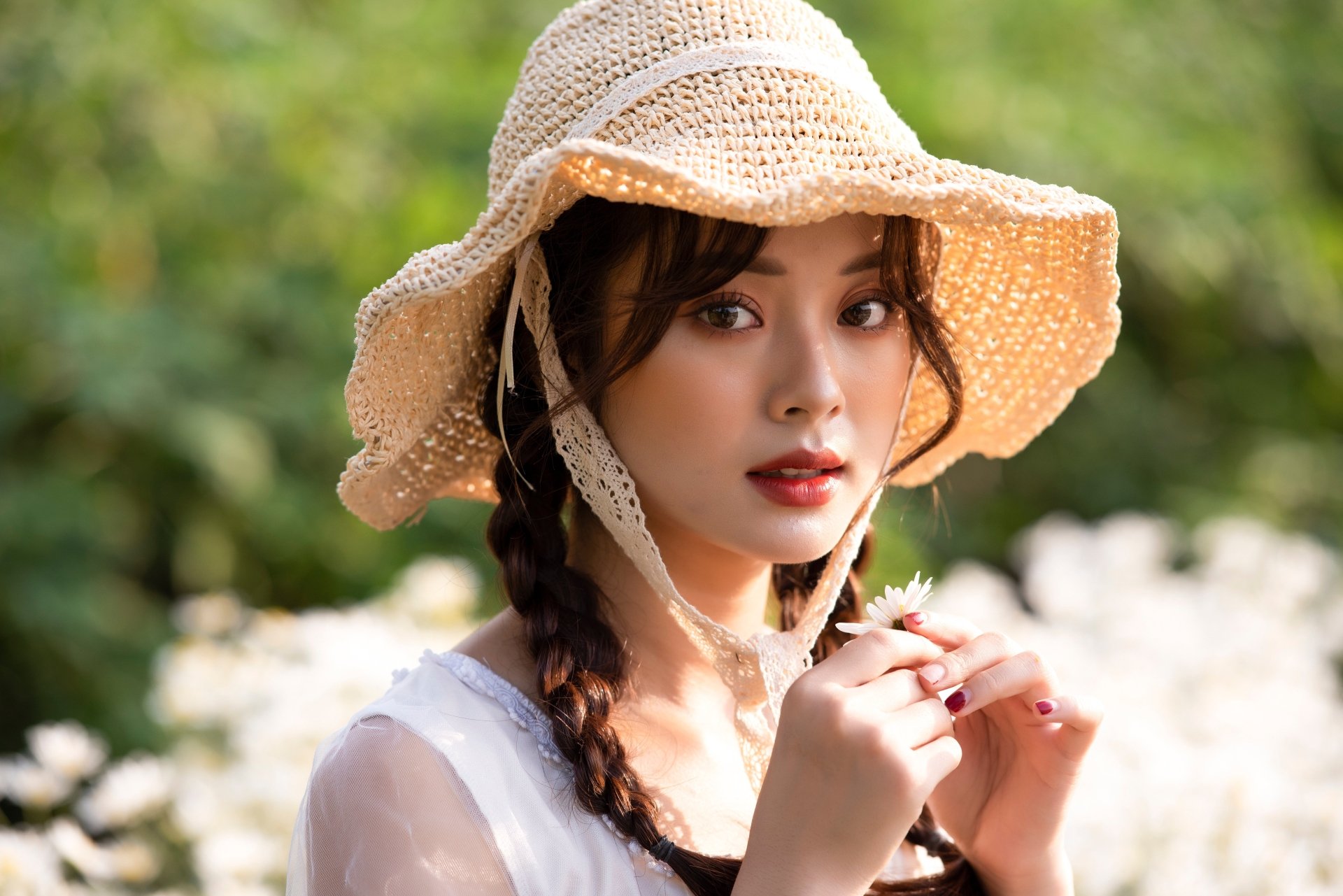 Elegant Brunette Model with Braids and Sun Hat | 4K Ultra HD Wallpaper ...