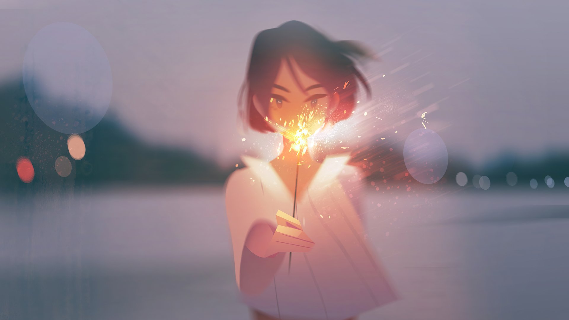 4K Ultra HD Anime Girl Sparkler Glow Wallpaper