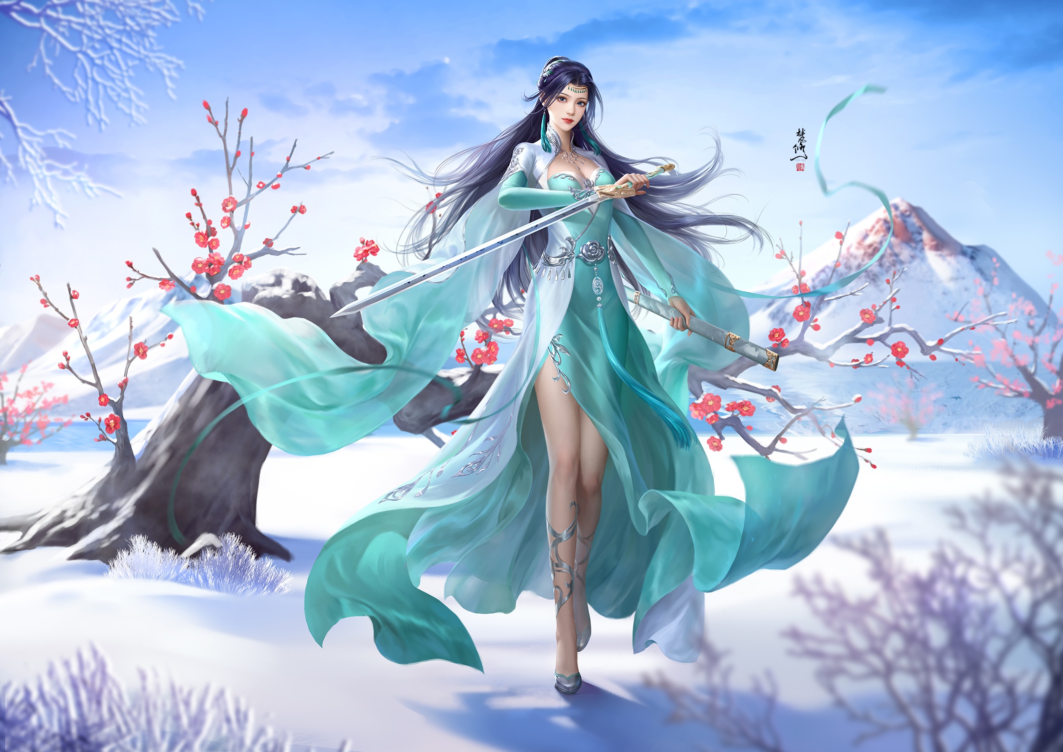 Elegant Asian Woman Warrior with Sword in Snowy Fantasy Landscape - HD ...