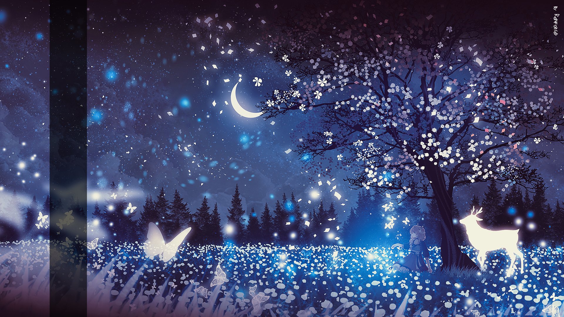 Enchanted Anime Night: Moonlit Deer Beneath Blossoming Tree HD Wallpaper
