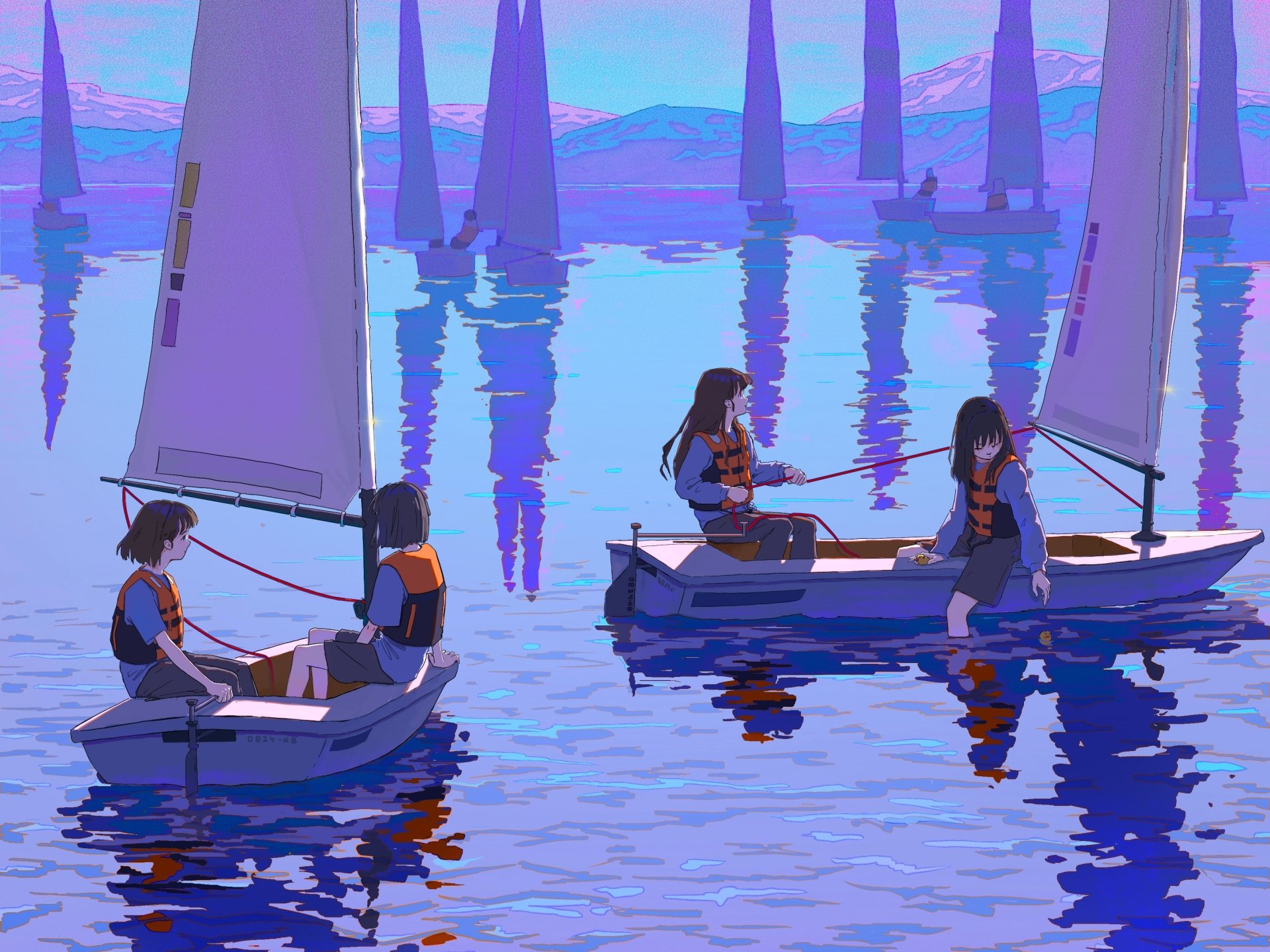 Download Reflection People Lake Anime Boat HD Wallpaper