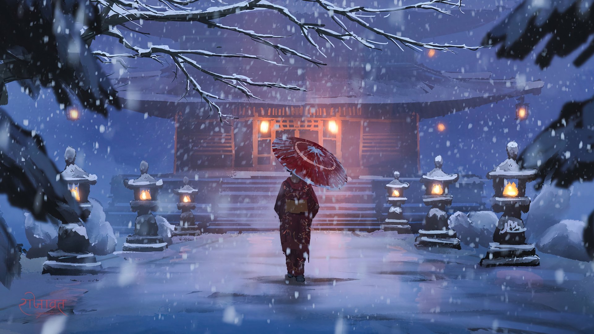 Snowfall Geisha at the Shrine — Oriental Fantasy 4K Ultra HD Wallpaper