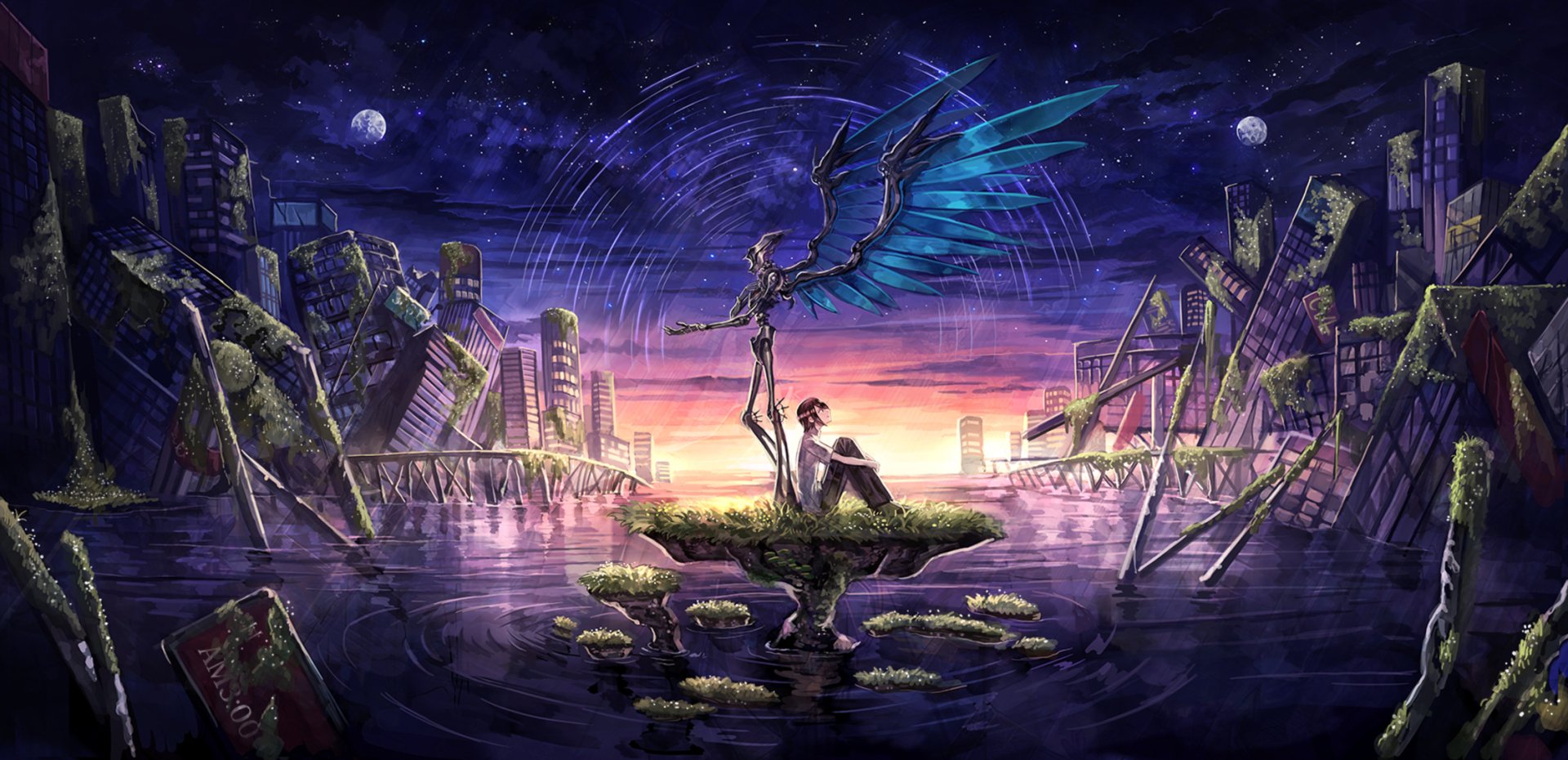 Download Night Starry Sky Sunset City Anime Post Apocalyptic Anime ...