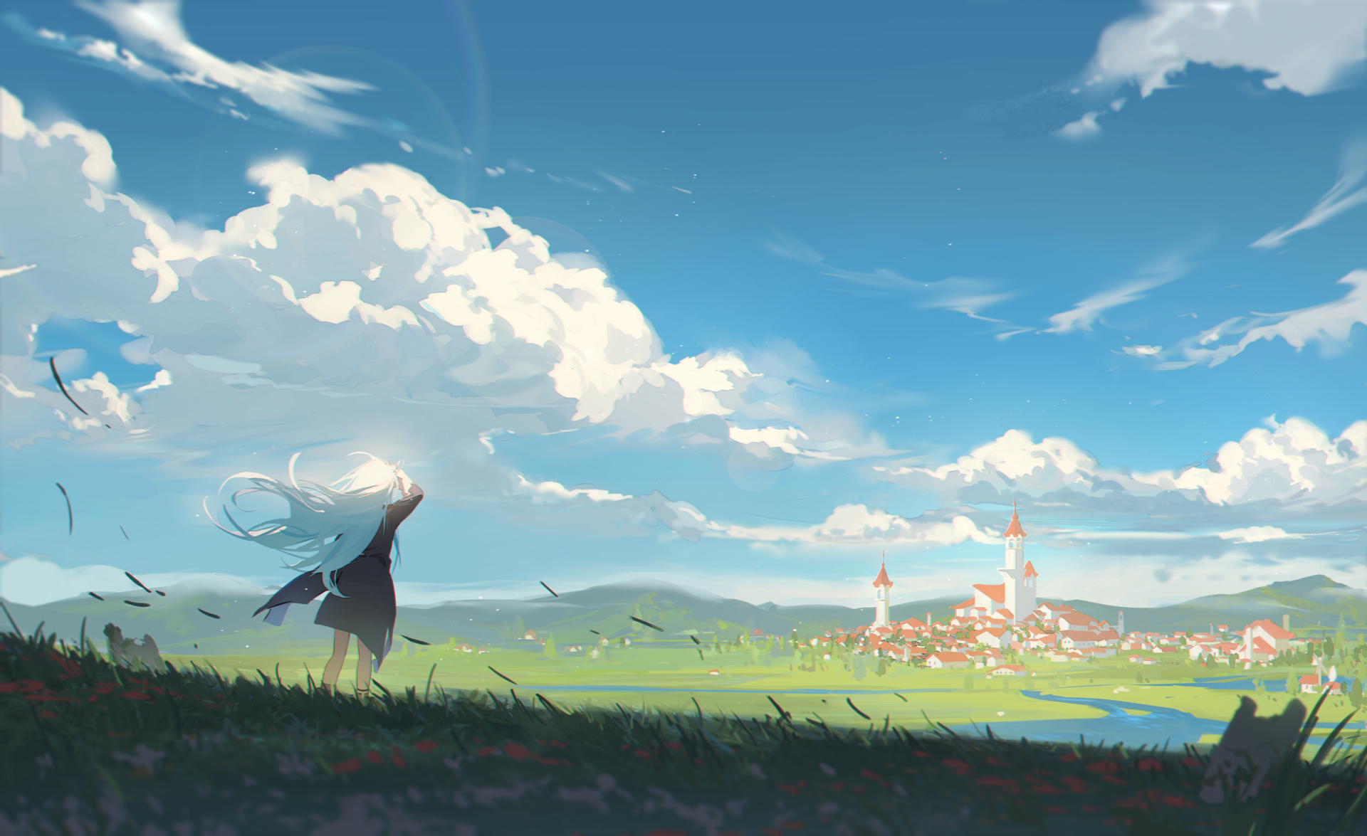 Sunlit Village — HD Anime Landscape Wallpaper | 2480x1518 | Wallpaper Abyss
