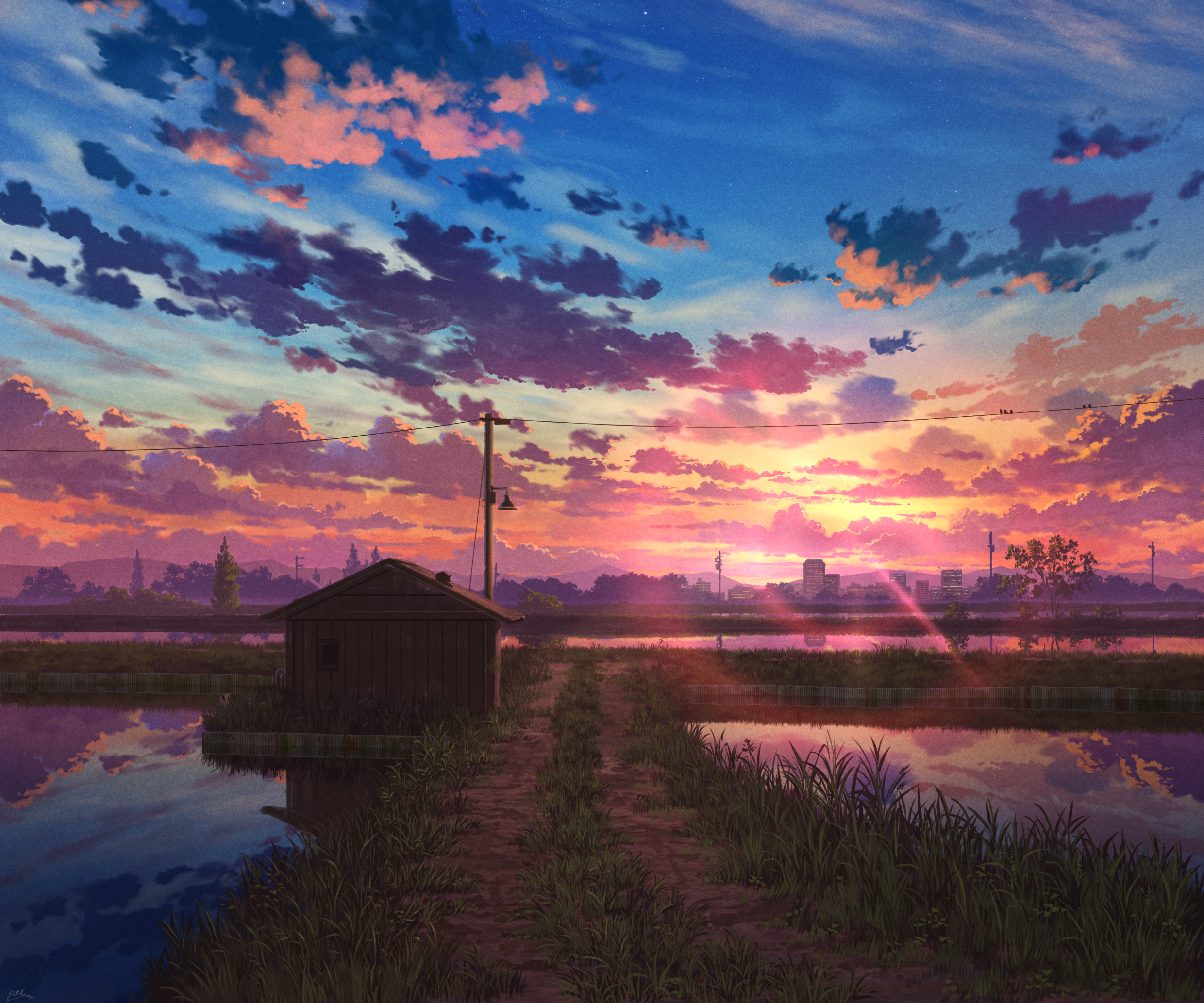 Anime Sunset River Sky Beautiful Sunset Cartoon Nature Landscape,