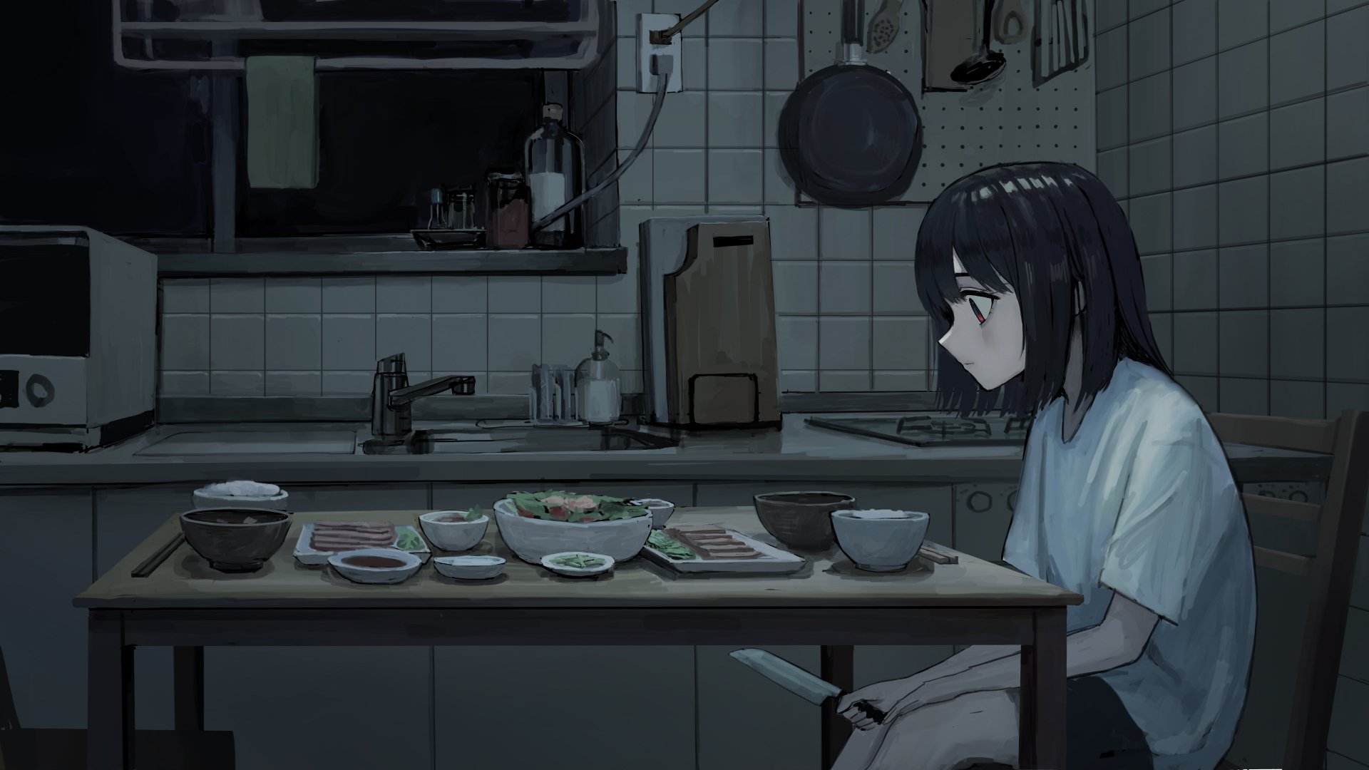 4K Ultra HD Anime Girl in Quiet Kitchen Moment by さきいか