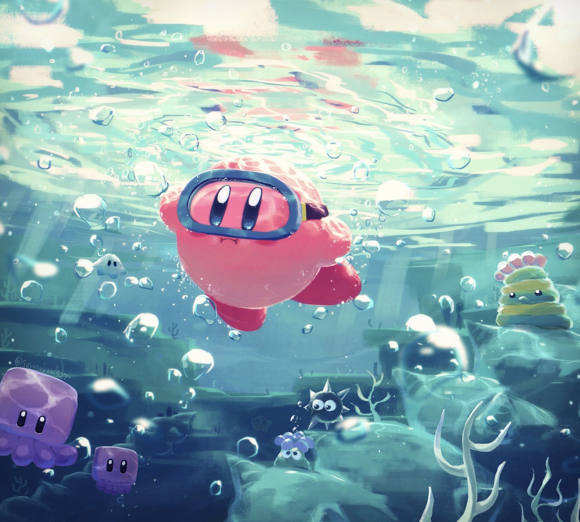 Kirby’s Underwater Adventure – HD Video Game Wallpaper by すびかか
