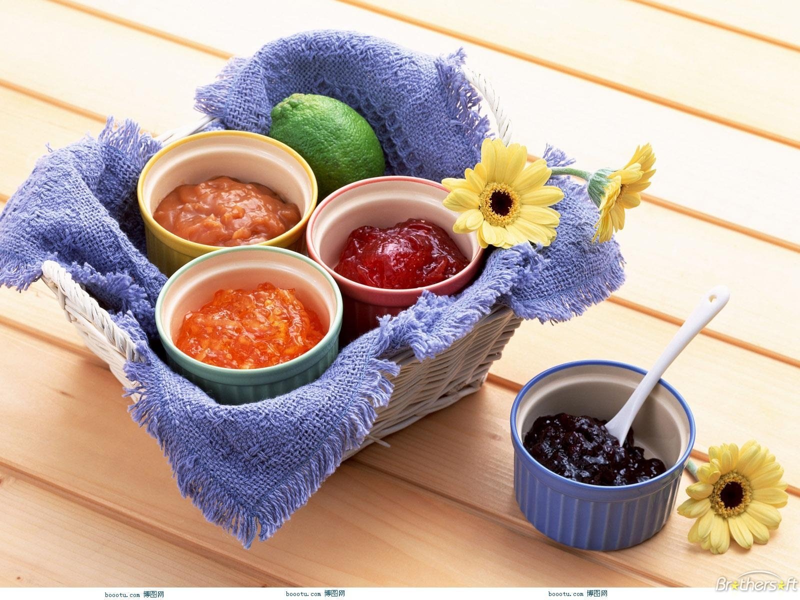 Delightful Jam Trio: Colorful HD Food Wallpaper Celebration