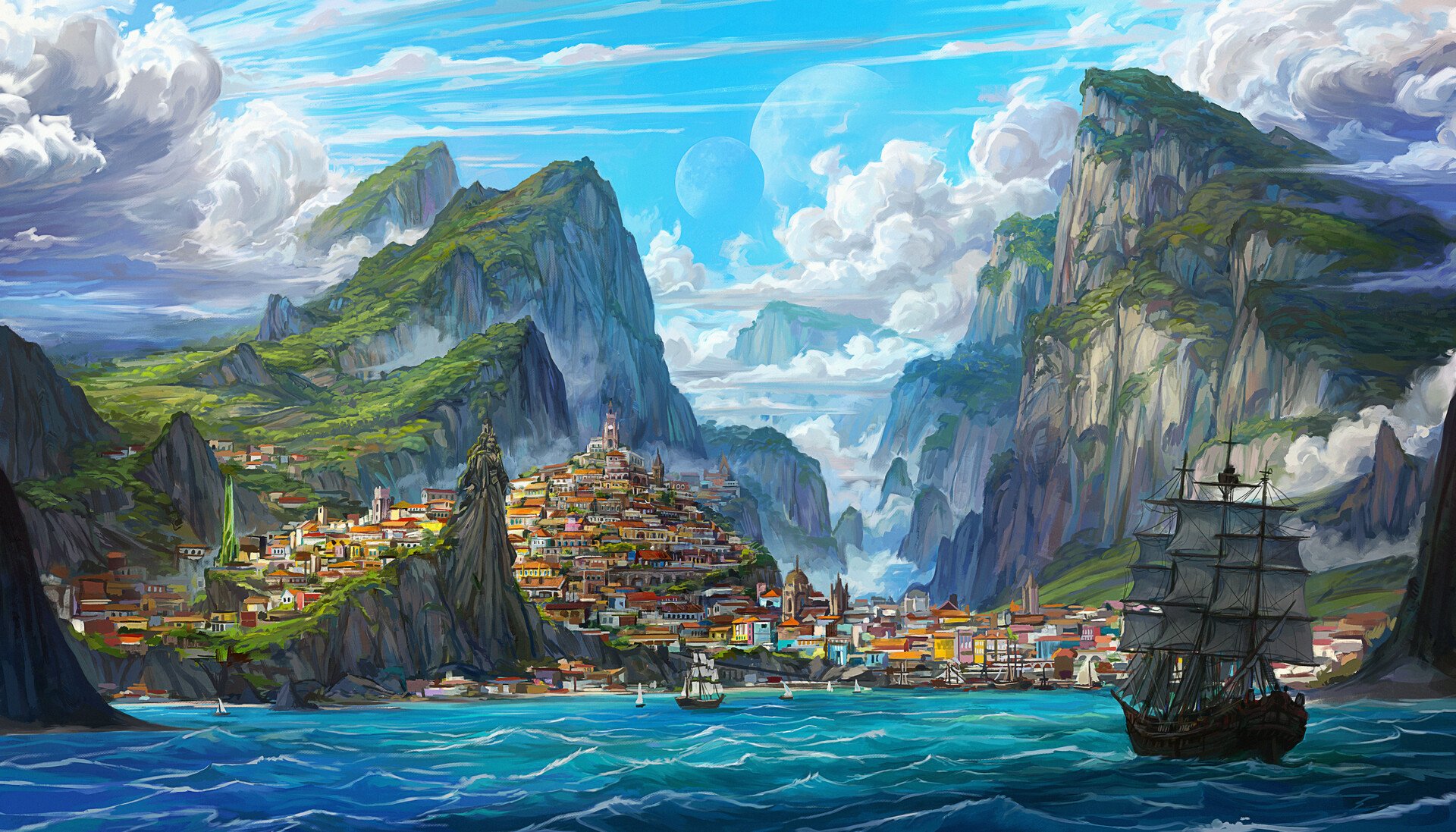 Fantasy Coastline: A Majestic City by the Sea – HD Wallpaper by Kent Davis